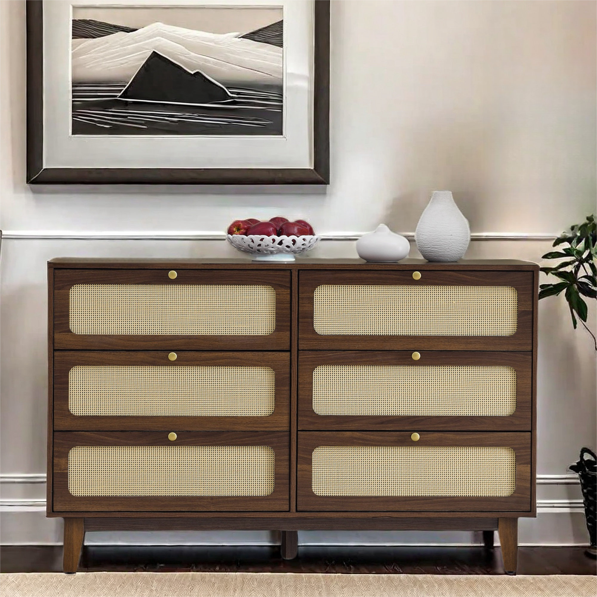 Miennes Home Decore Rattan Dresser With Six Drawers And Adjustable Legs ...