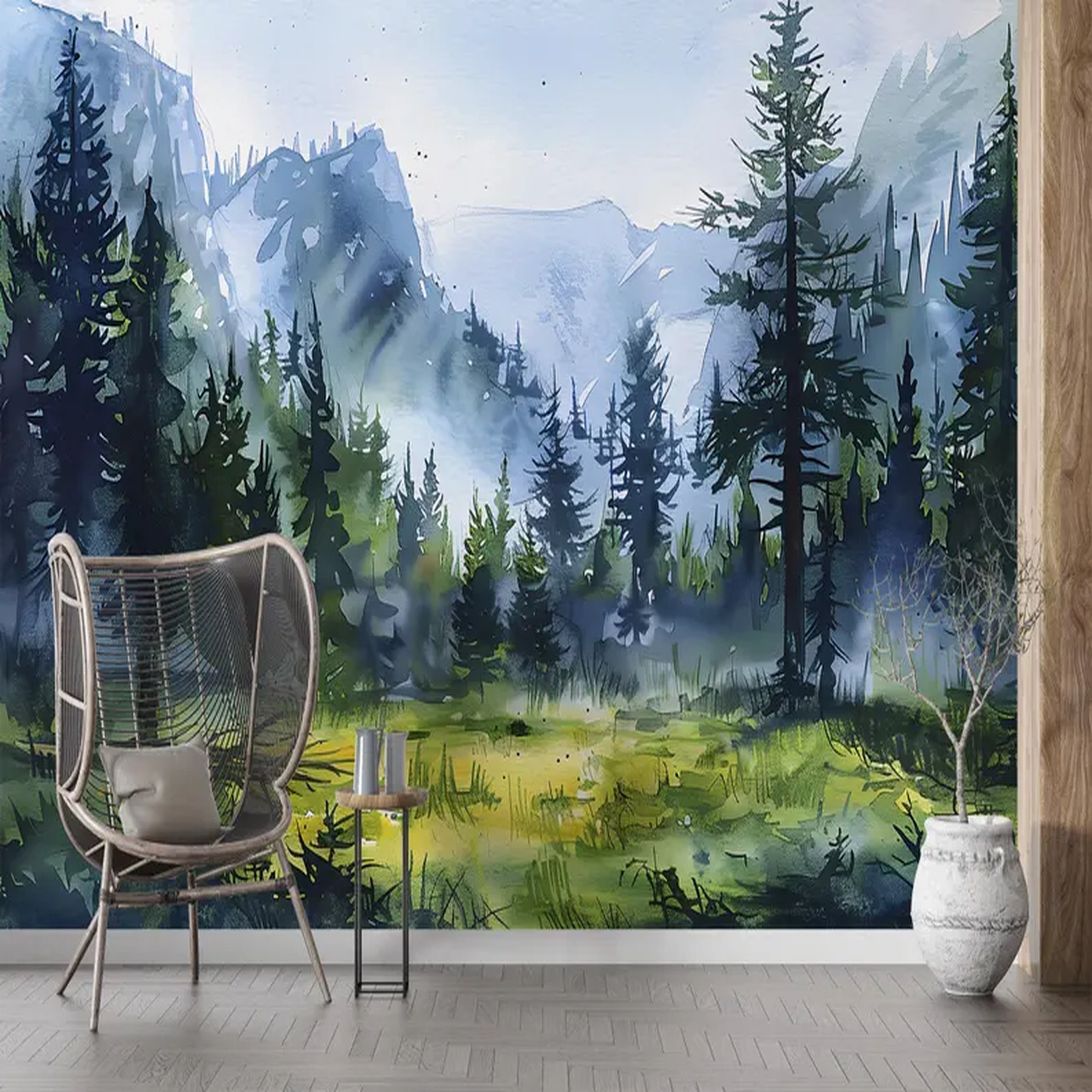 Red Barrel Studio® Misty Evergreen Forest Watercolor Wall Mural | Wayfair