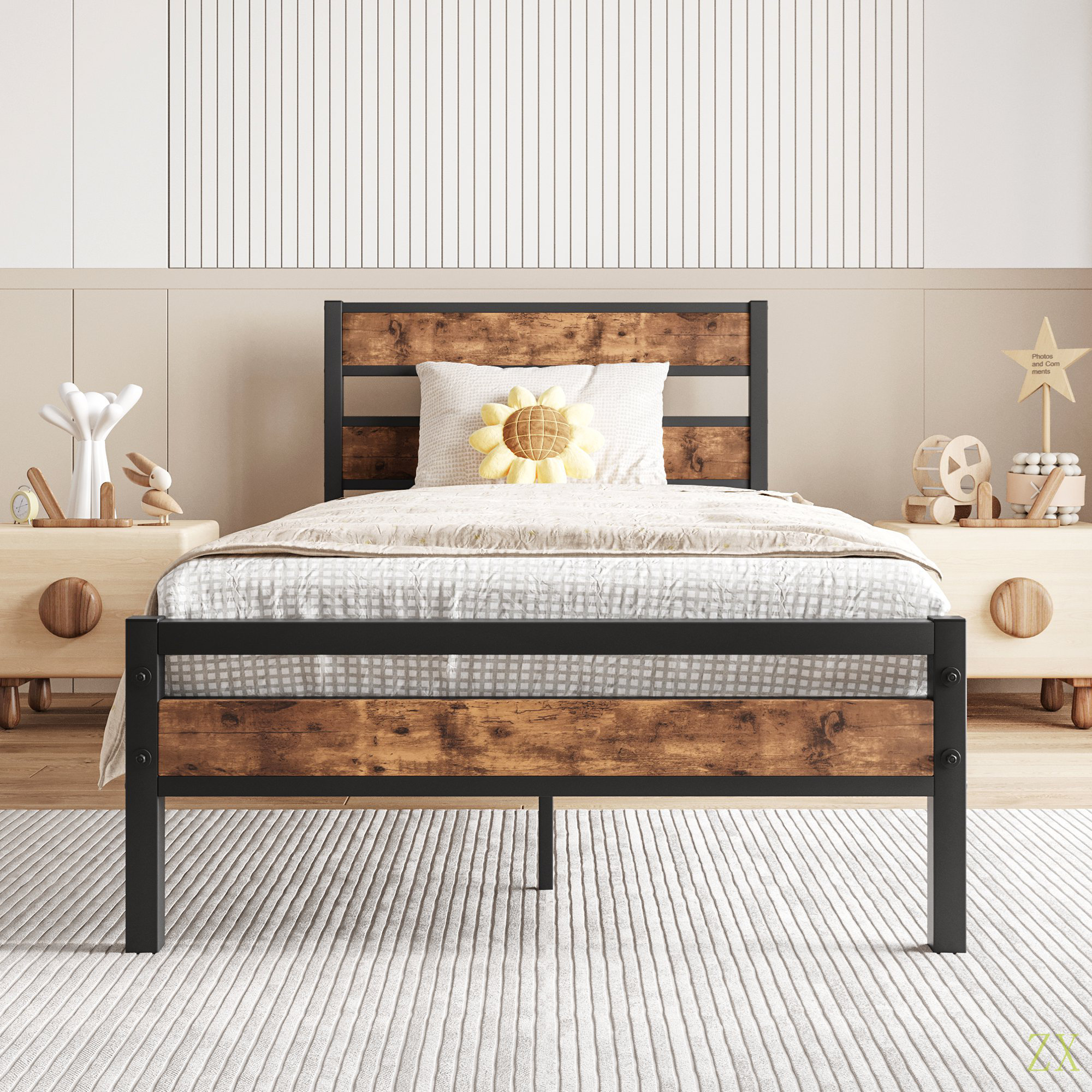 17 Stories Twin Size Platform Bed Frame With Rustic Vintage Wood ...