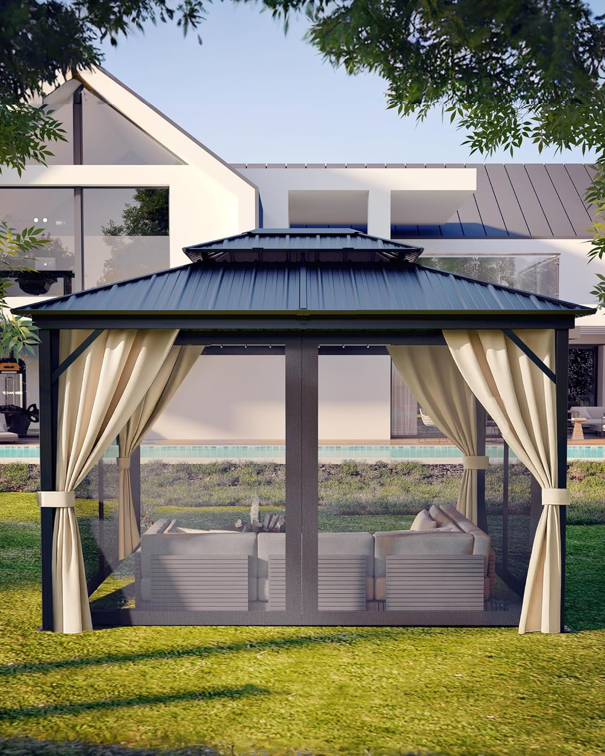Yuan Home Hardtop Gazebo 12'x14' - Aluminum Frame Permanent Pavilion ...