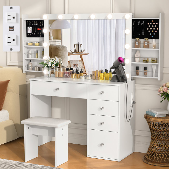 Latitude Run® Calijah Makeup Vanity with Hidden Sliding Storage Shelves ...