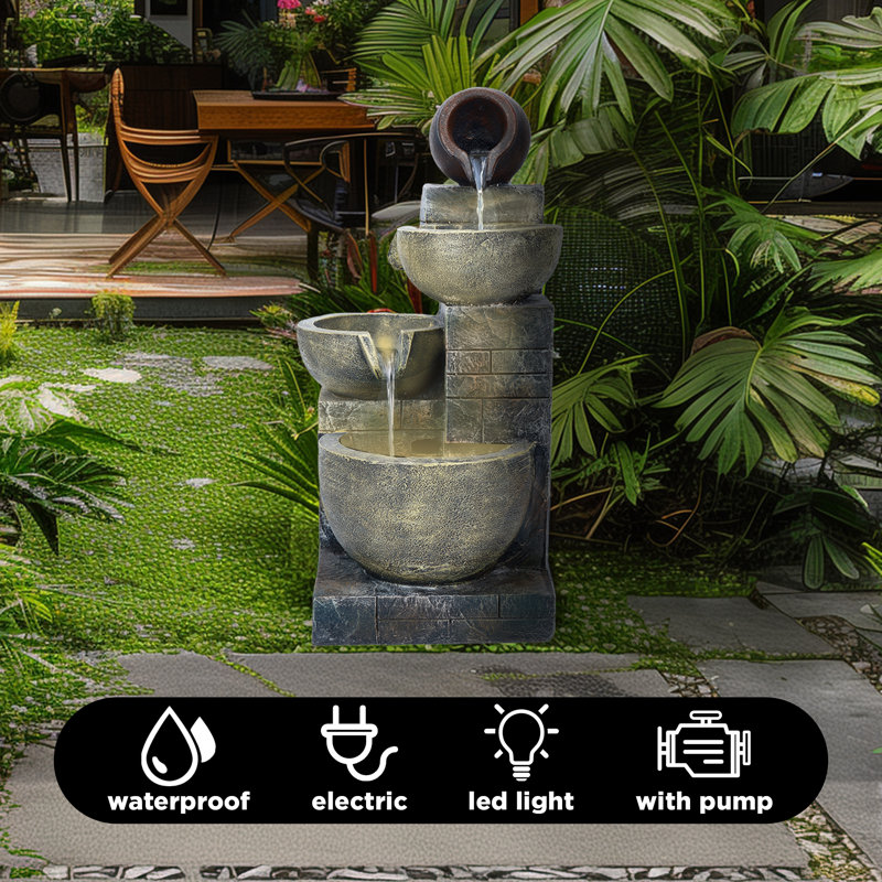Millwood Pines Outdoor Water Fountain With Led Lights For Garden | Wayfair
