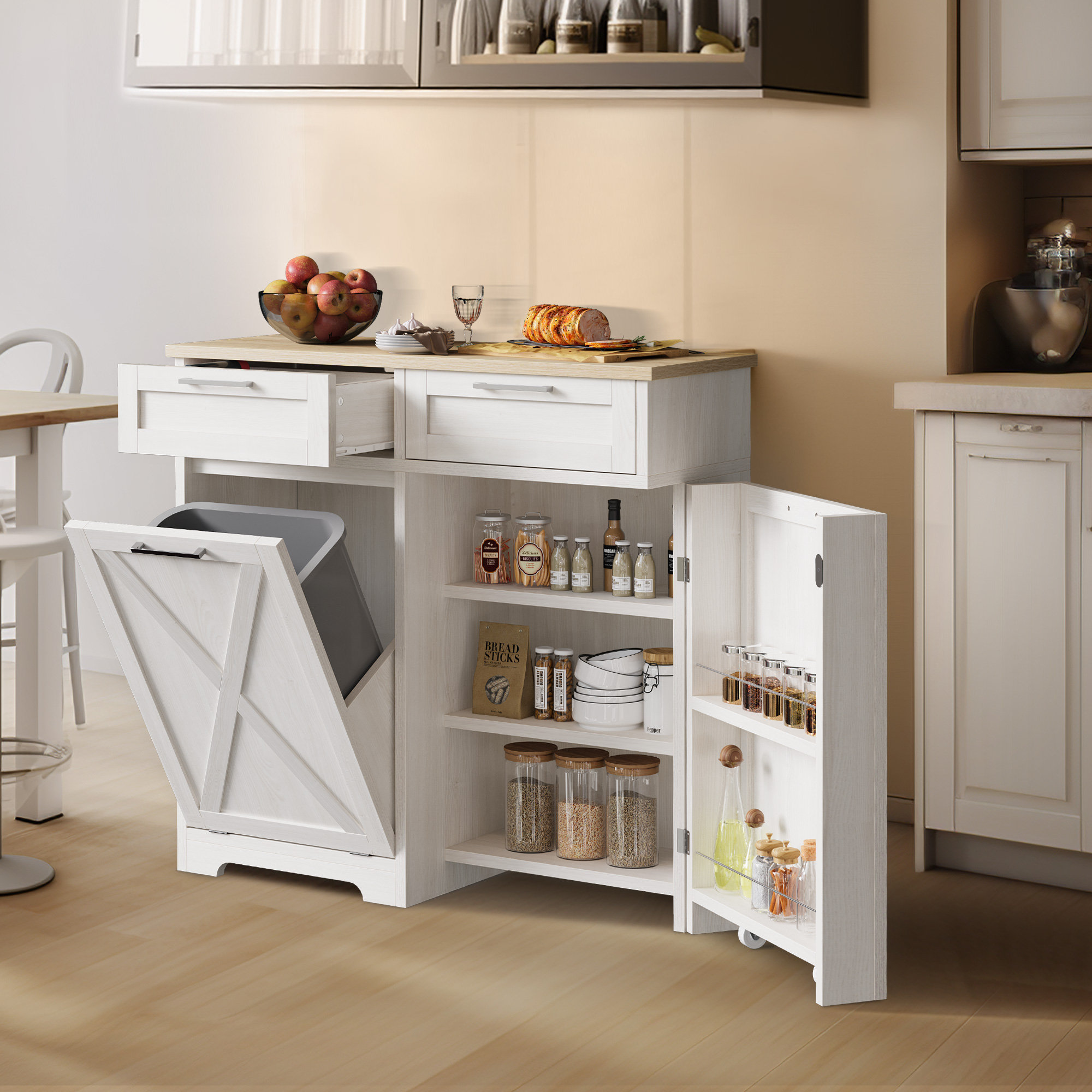 Balconera Wood 10 Gallon Trash Recycling Can with Tilt Out Open Door ...