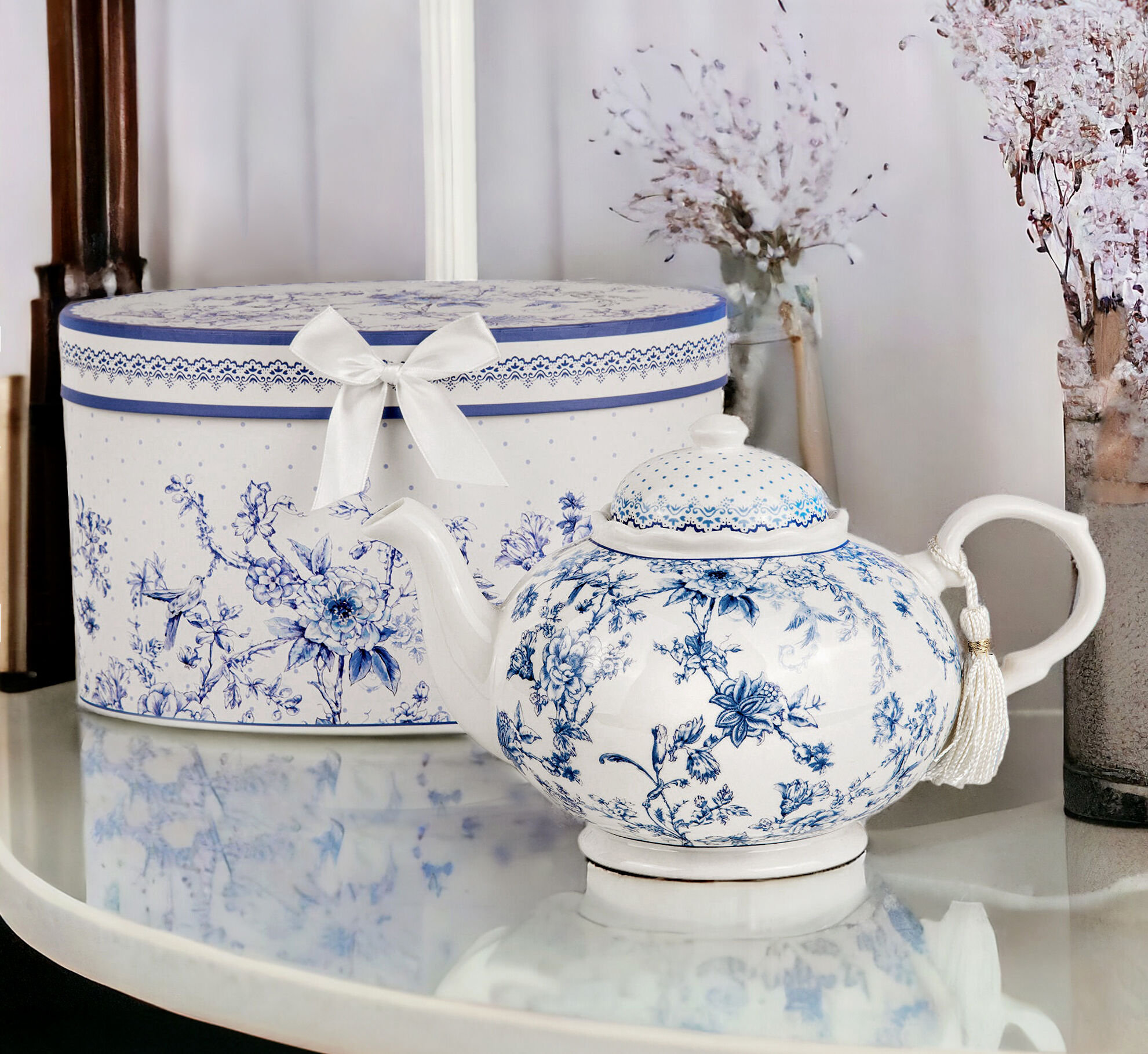 Winston Porter Blue Flowers Teapot in Gift Box (36.5 fl oz) & Reviews ...
