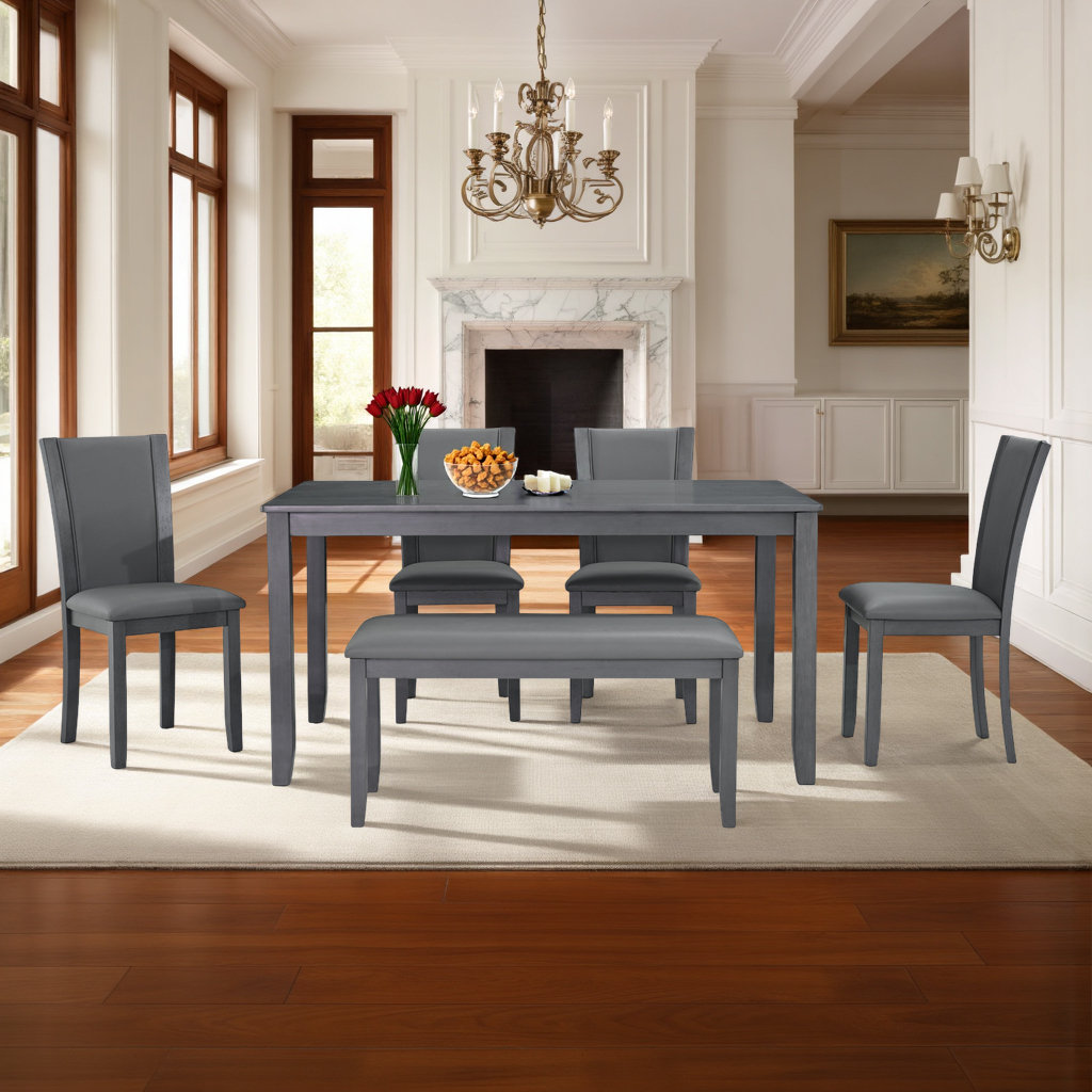 Lark Manor™ 6-Piece Modern Grey Dining Set with Bench & Chairs, Wooden ...