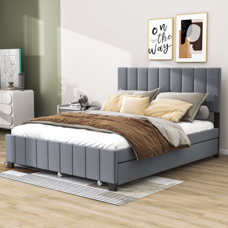 Latitude Run® Drevaughn Queen Size Upholstered Platform Bed with Twin ...