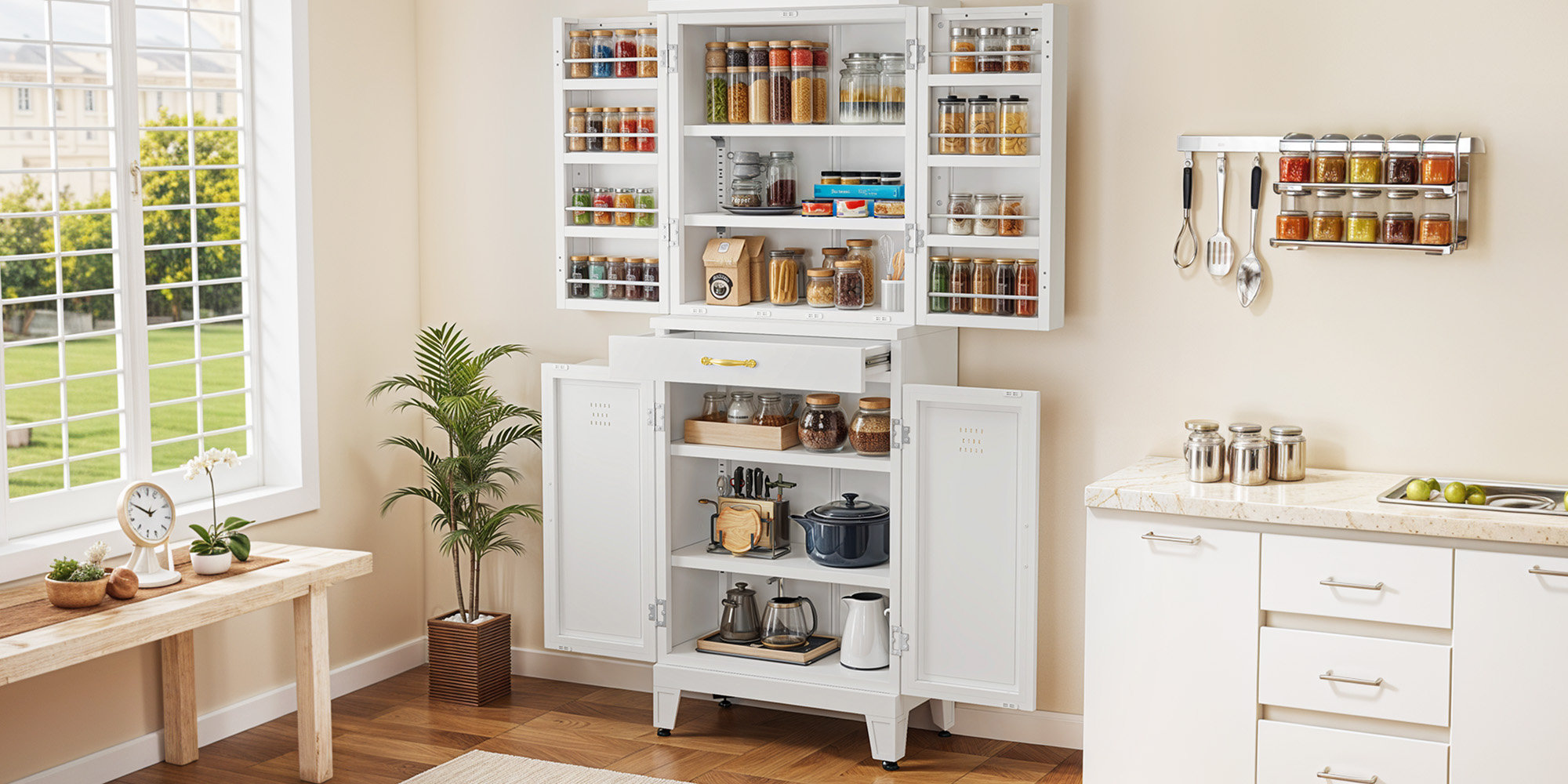 Edrosie Inc Steel Pantry Cabinet With Adjustable Shelves And Drawer ...