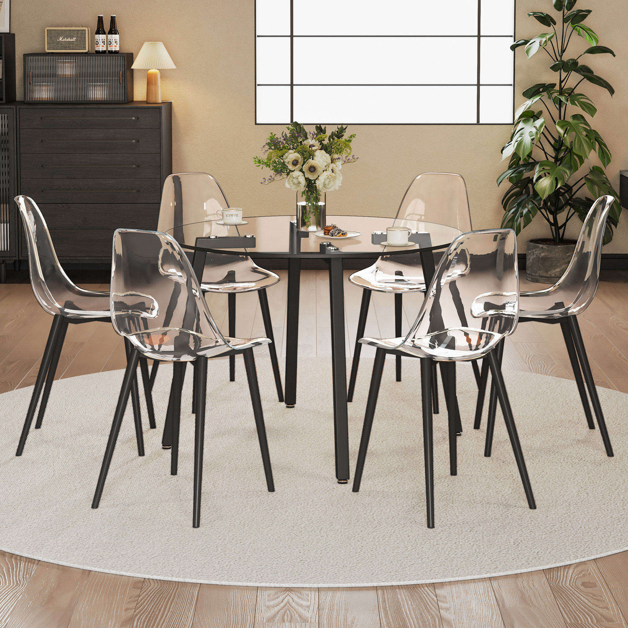 Ivy Bronx Contemporary Round Glass Dining Table With Black Steel Legs ...