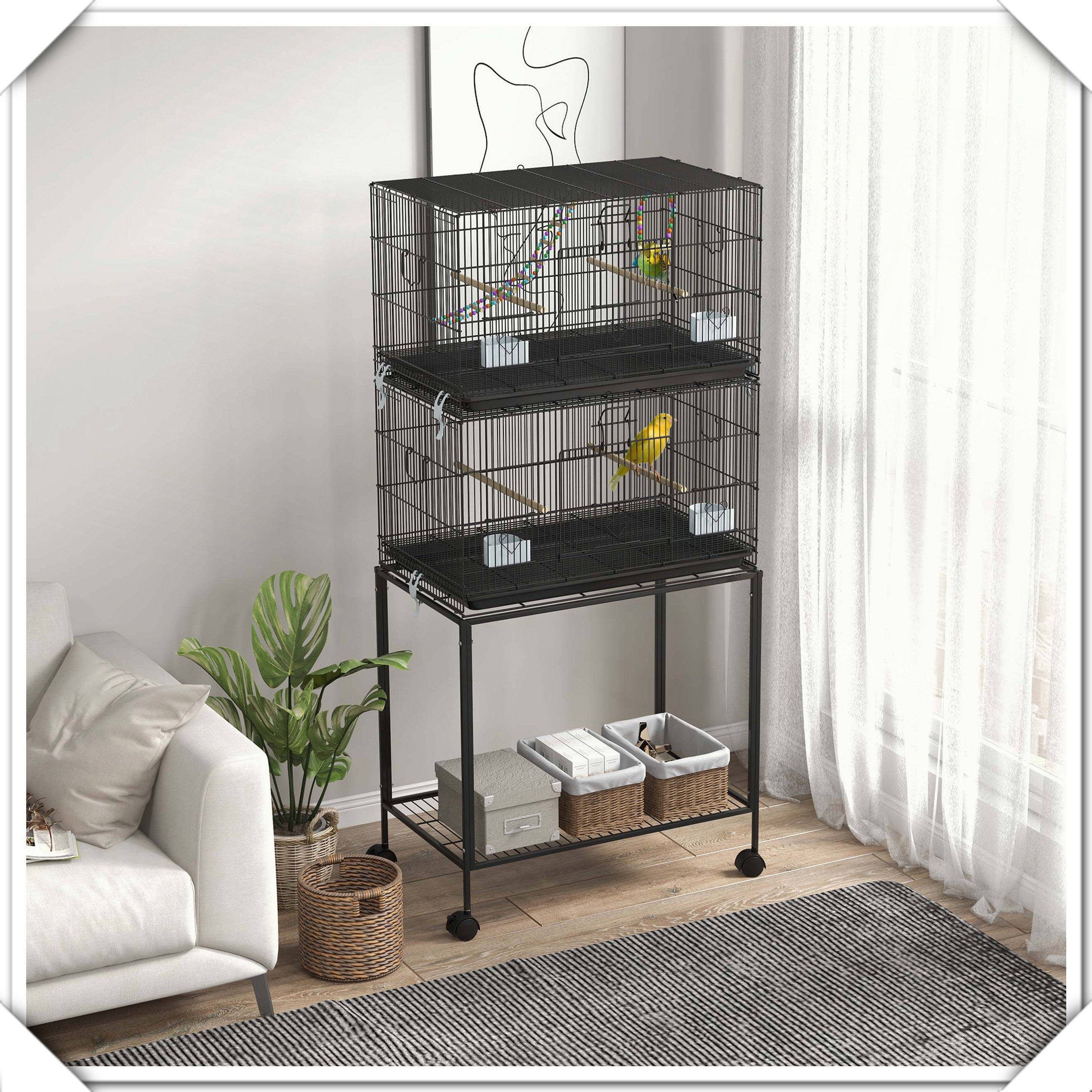 Latitude Run® Double Stackable Bird Cage with Stand Wheels Tray Storage ...