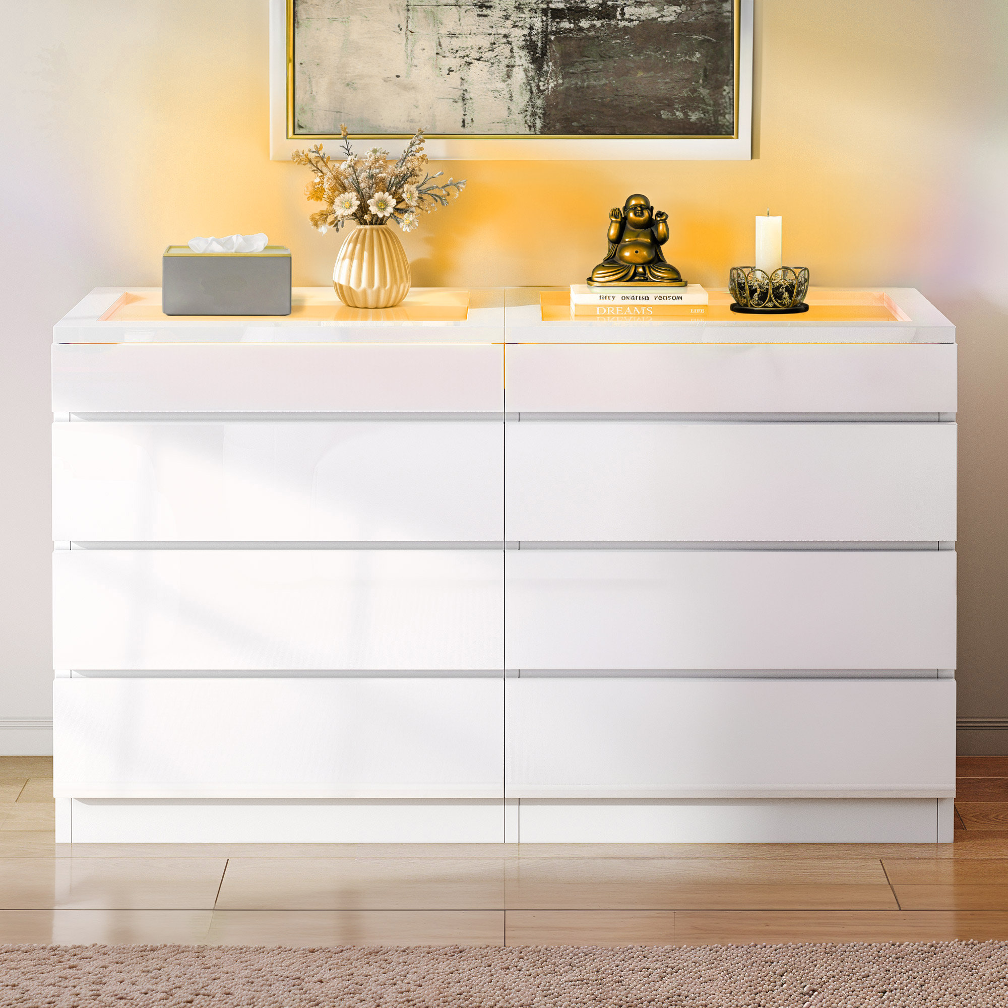 Wrought Studio™ Sleek White 8-Drawer LED Chest of Drawers, Perfect ...