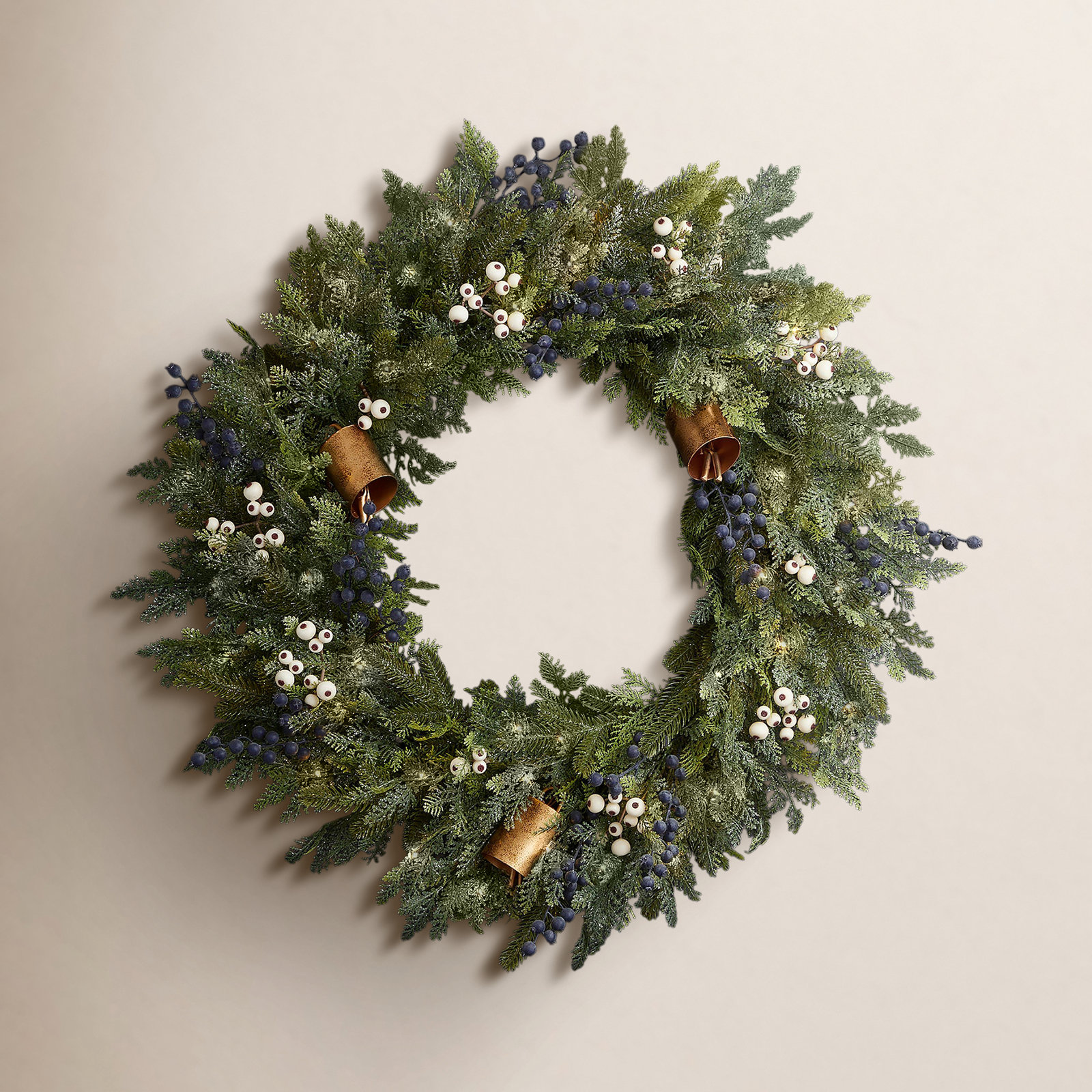 The Holiday Aisle® Mixed Mica Foliage with Blueberries and Harmony Bells 30in Wreath Pre-Lit ...