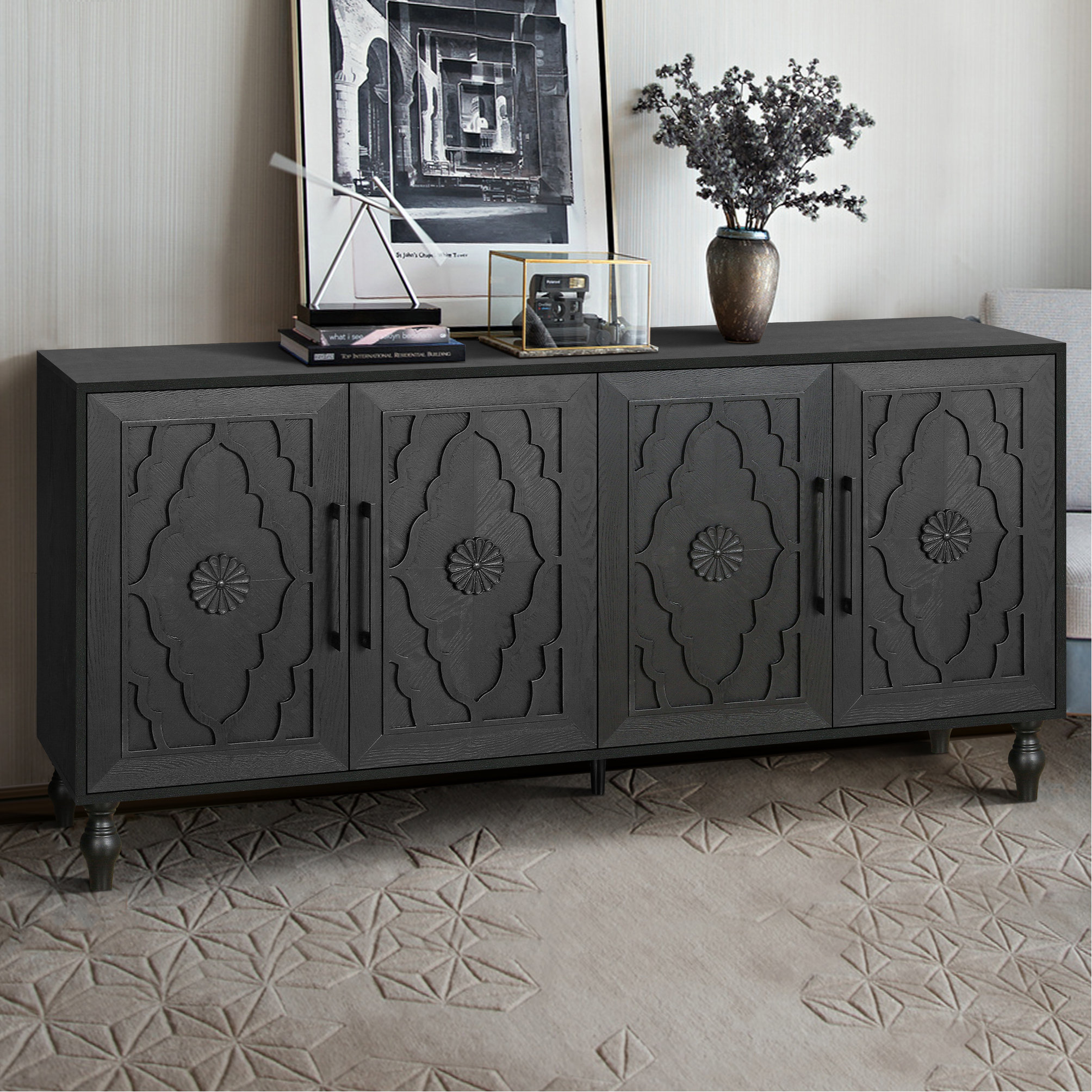 Charlton Home® Dinasti Sideboard with Symmetrical Carved Parquet Door ...