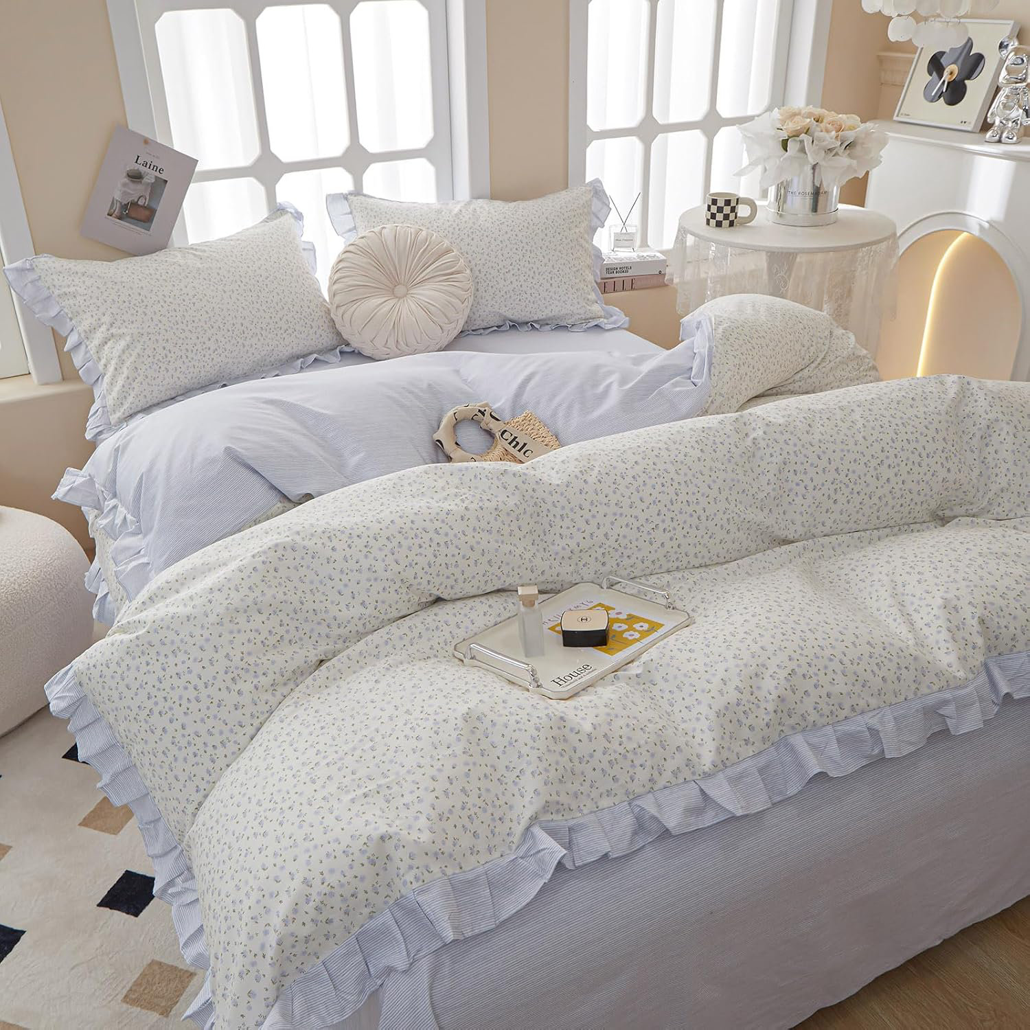 MODVAT 3PCS Ruffle Cotton Comforter Cover Blue Striped and Thickly ...