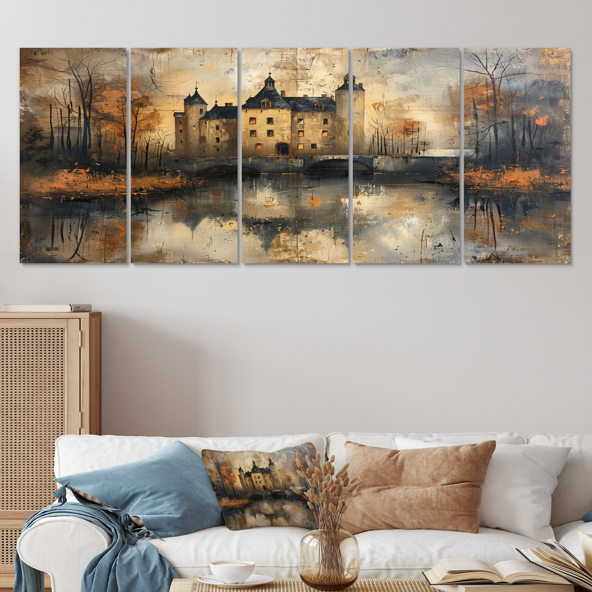 Charlton Home® Grey Black Rustic Castle By The Lake - Chateaus Wall ...