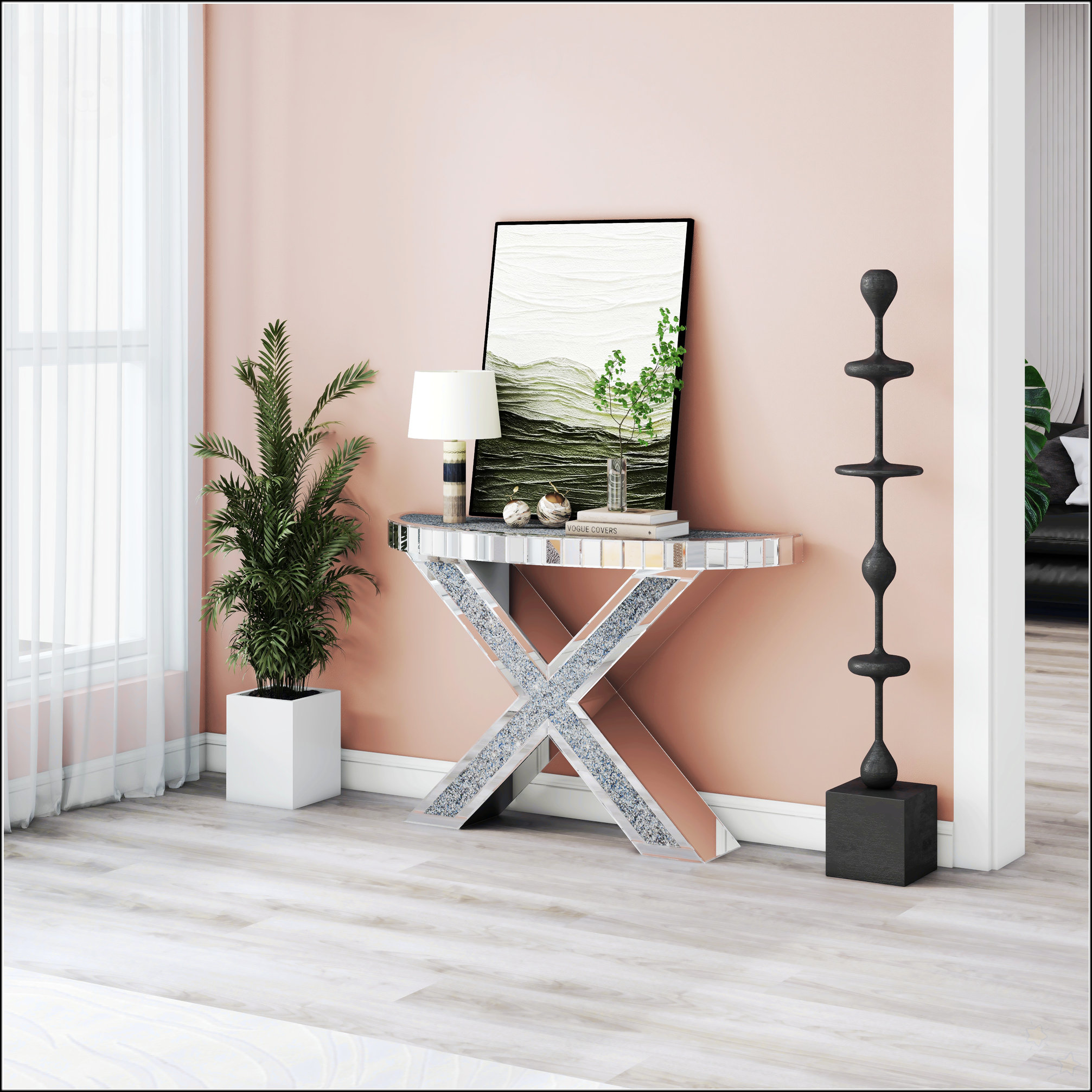 MaMa Modern Tall Console Table Mirrored Furniture Diamond Crushed Glass ...
