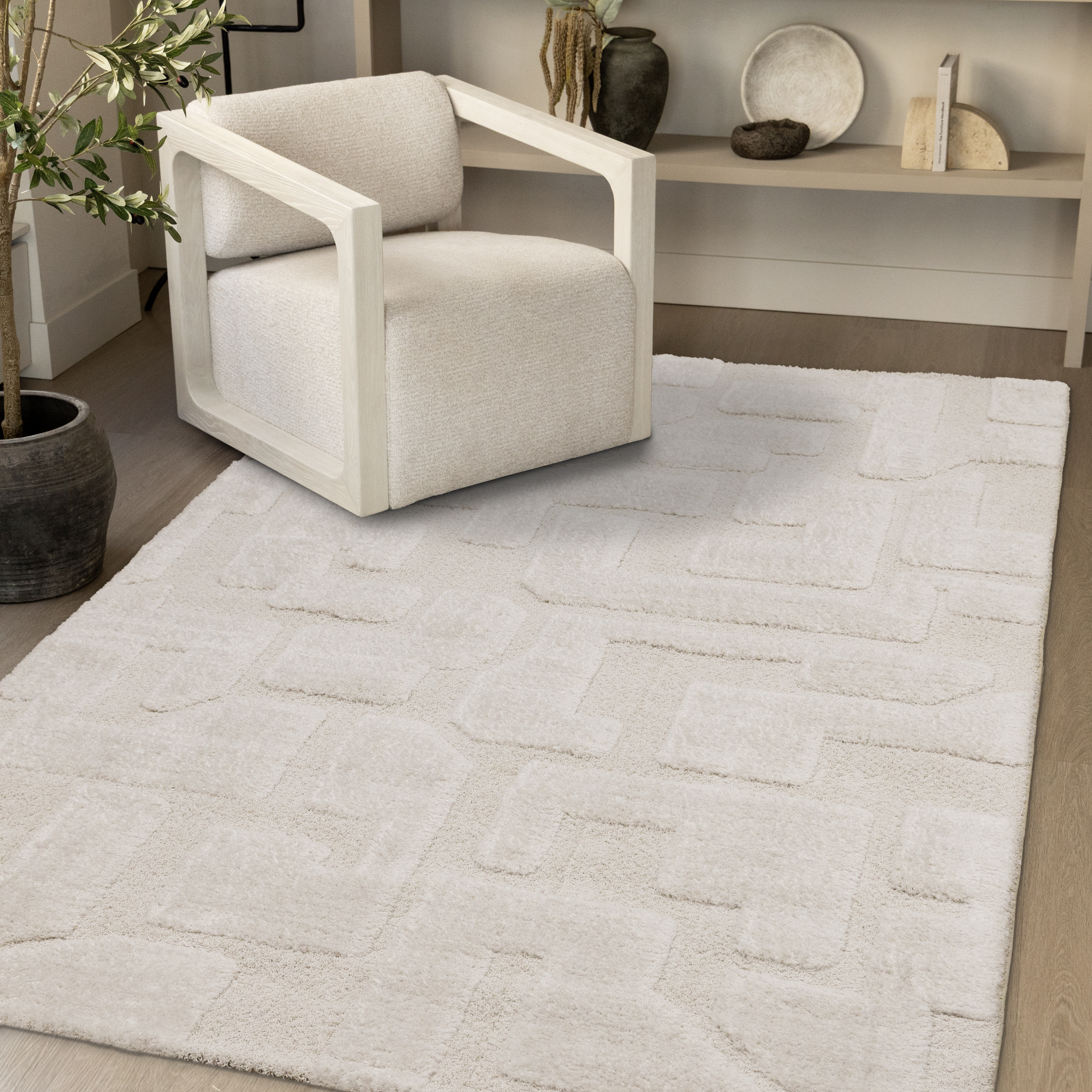 Orren Ellis Marrisha Luxury Cream Plush Textured High-Low Area Rug ...