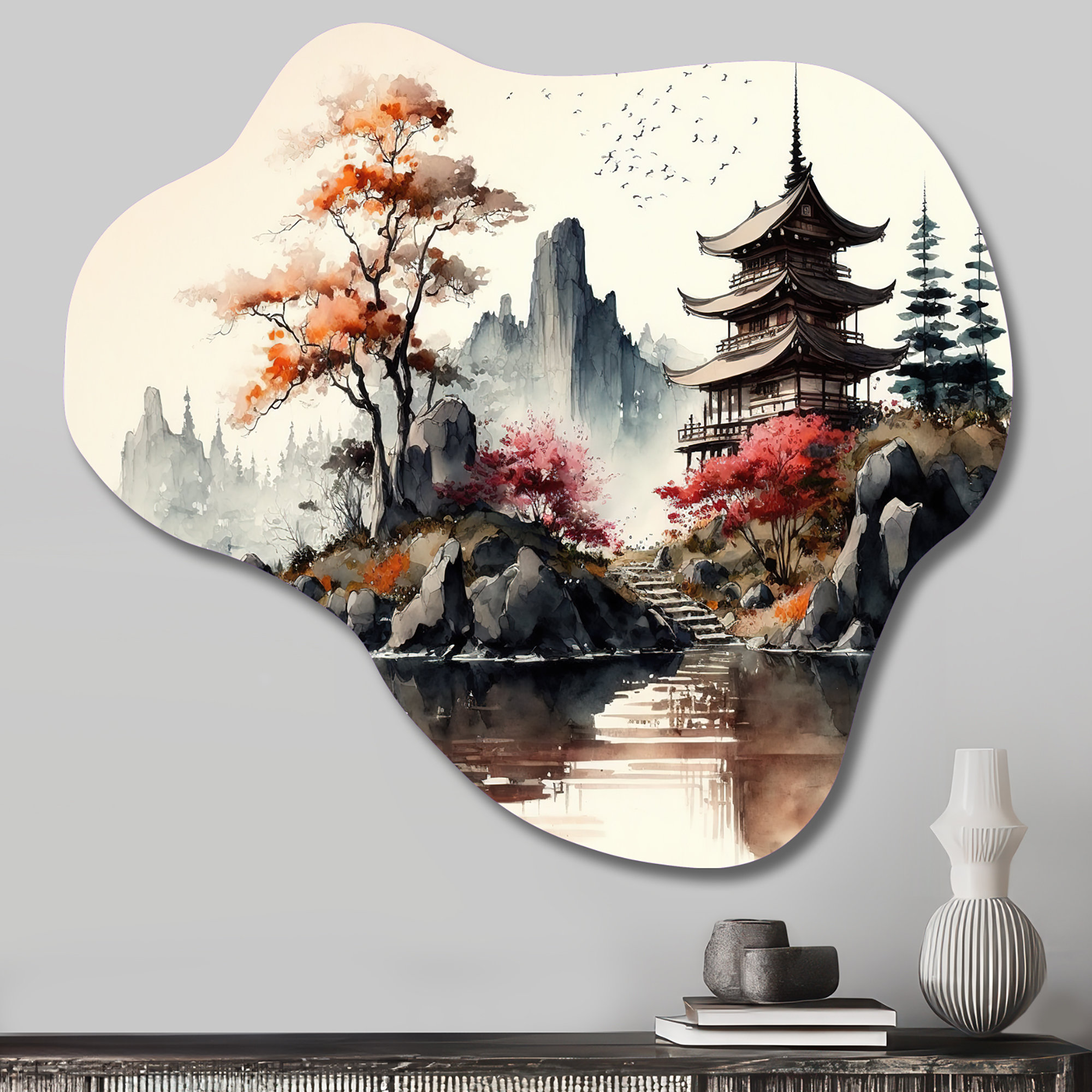 Millwood Pines Watercolor Japenese Landscape I - Asymmetrical Tree ...