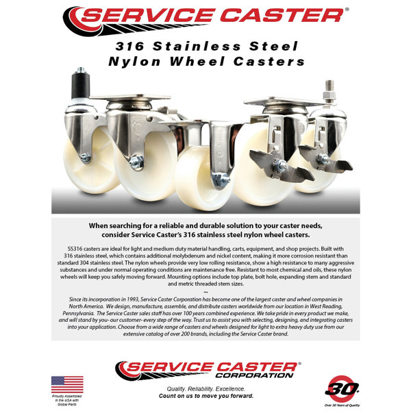 Service Caster 316SS Nylon Wheel Swivel Threaded Stem Caster Set Lock ...