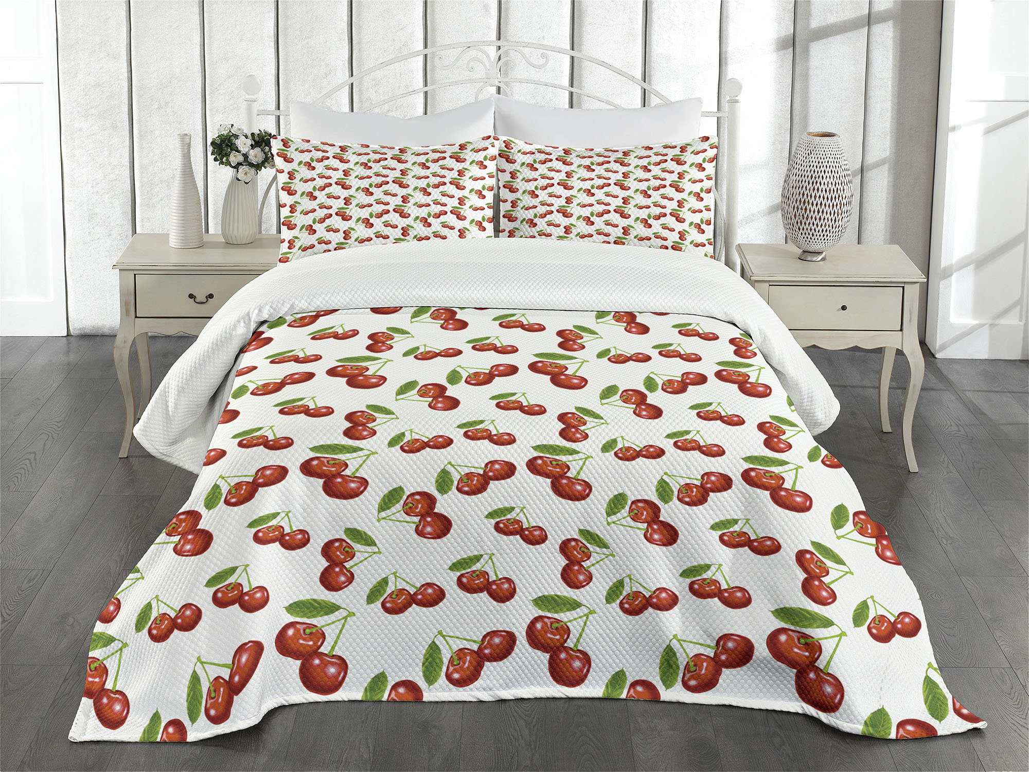 Ambesonne Fruit Bedspread Set Cherry Fruit Pattern White Vermilion ...