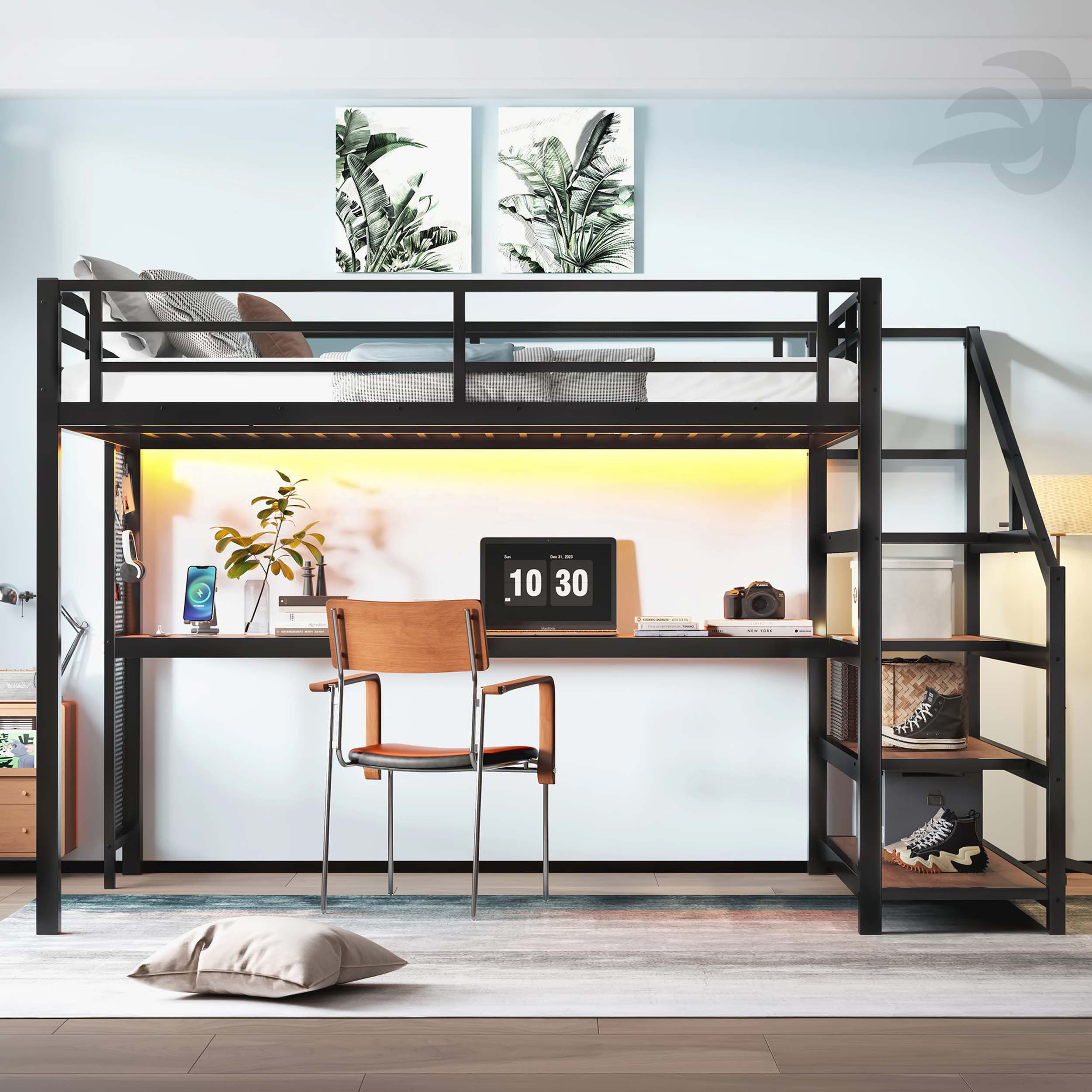 Harper Orchard Queen Loft Bed with Desk and Storage Stairs, Metal Loft ...