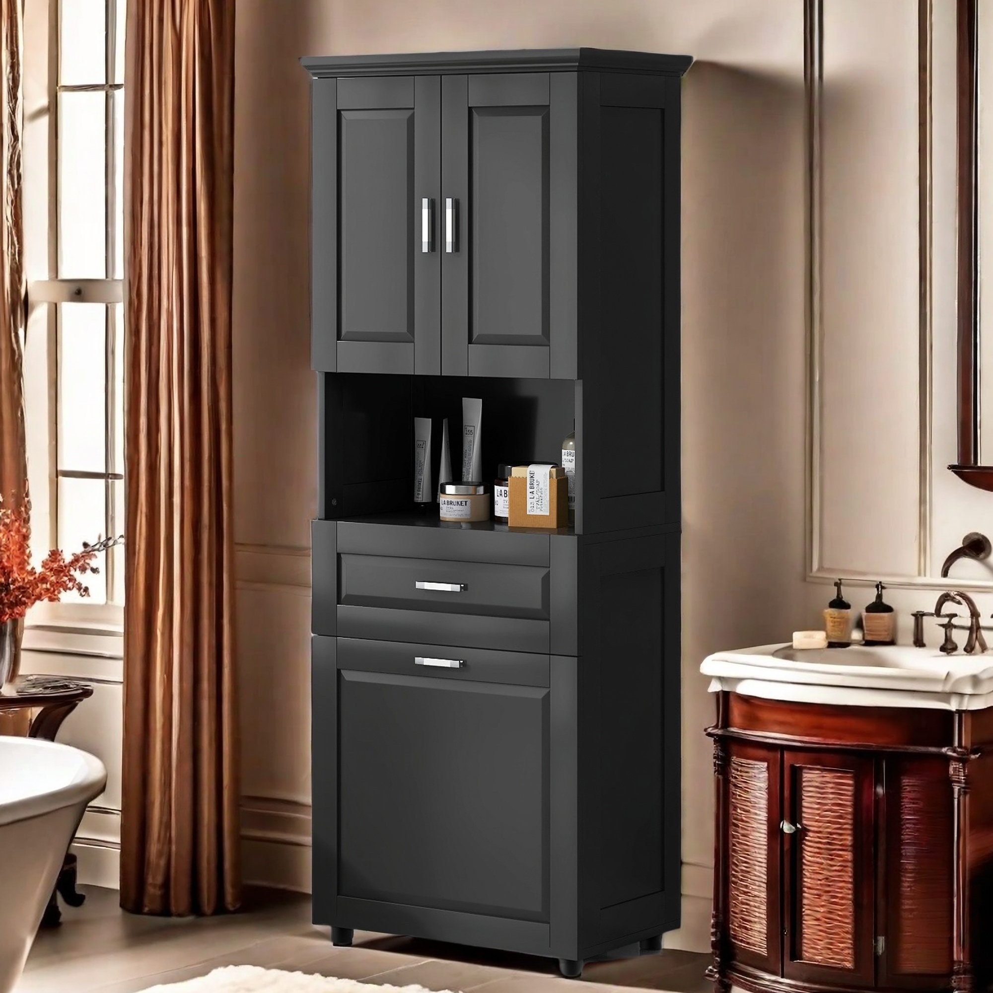 Red Barrel Studio® Tall Bathroom Cabinet With Tilt-out Laundry Hamper ...