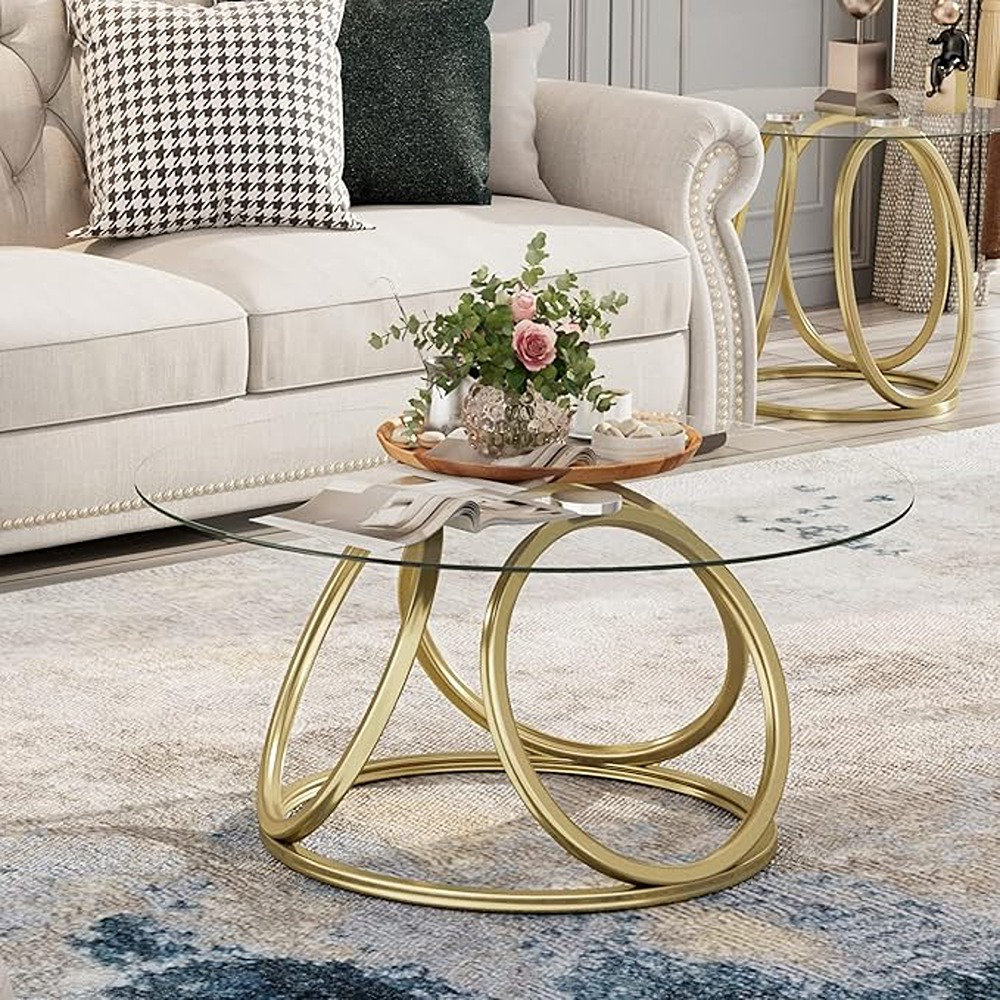 Ivy Bronx Furniture Gold Coffee Table, Modern Round Glass Coffee Table ...