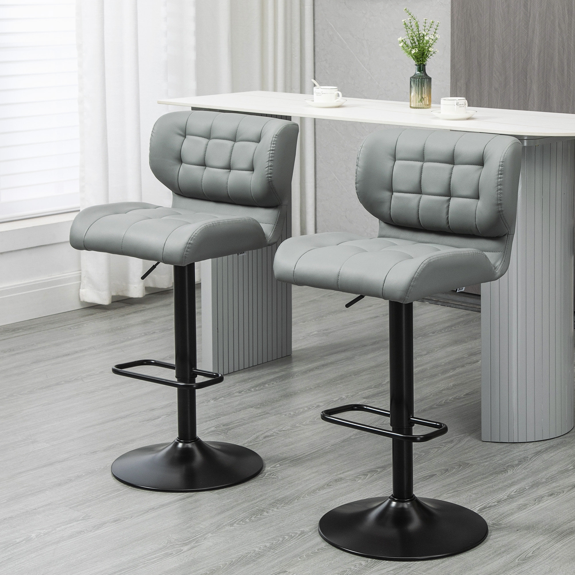 Orren Ellis Adjustable Bar Stools Set Of 2, Swivel Tufted PU Leather ...