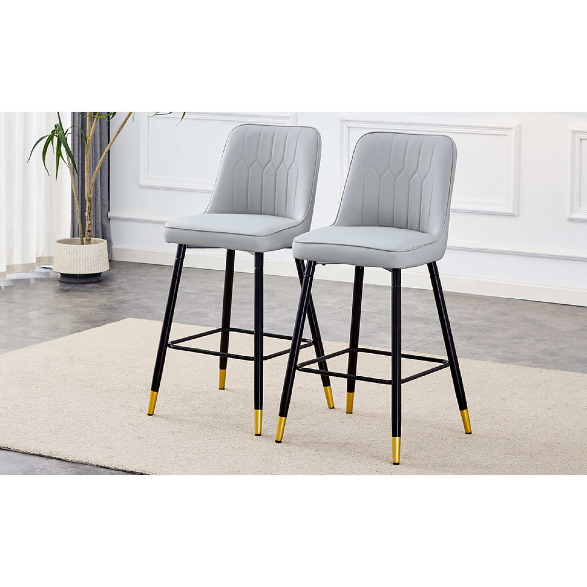 Everly Quinn Set of 2 modern light gray pu bar stools with gold ...