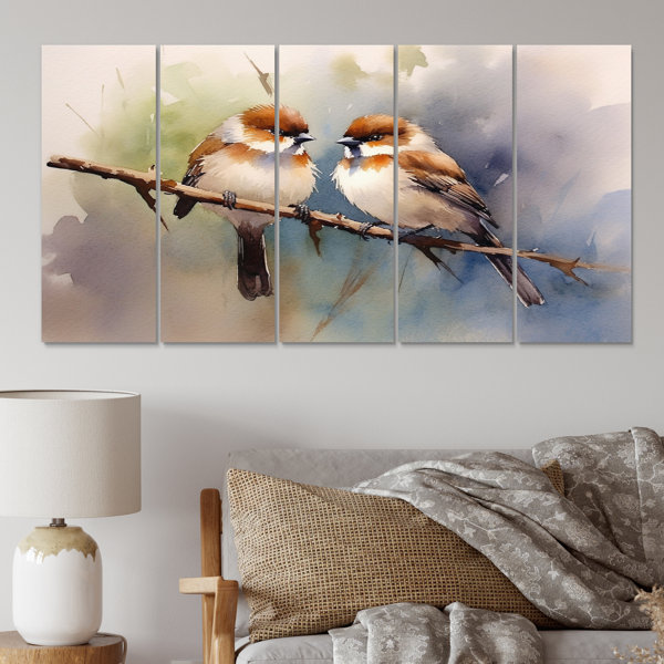 DesignArt Beige And Brown Sparrow Birds IV On Metal 5 Pieces Set | Wayfair