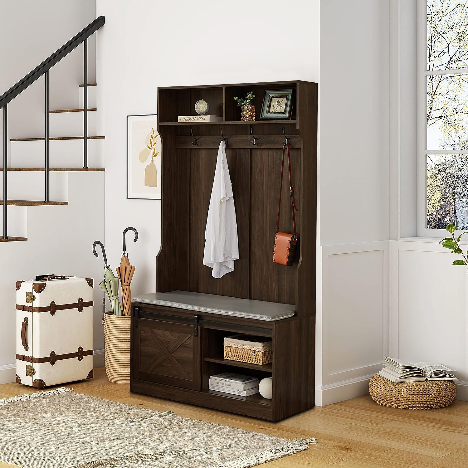 Gracie Oaks Wooden frame, hall tree with hooks and barn doors suitable ...