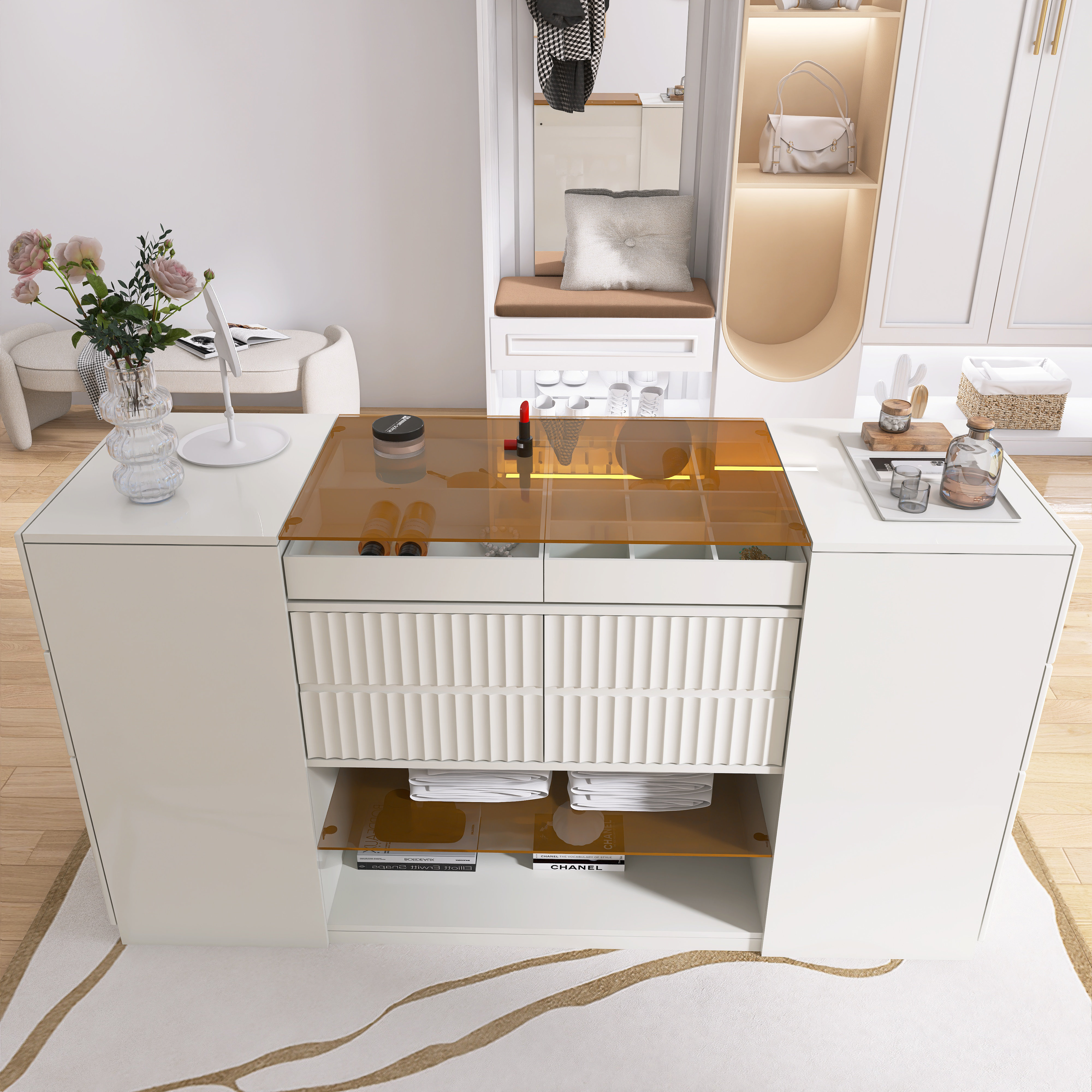 Latitude Run® 60'' 6-Drawers MDF Storage Cabinet And Glass Tabletop Display Shelf Modern Luxury ...