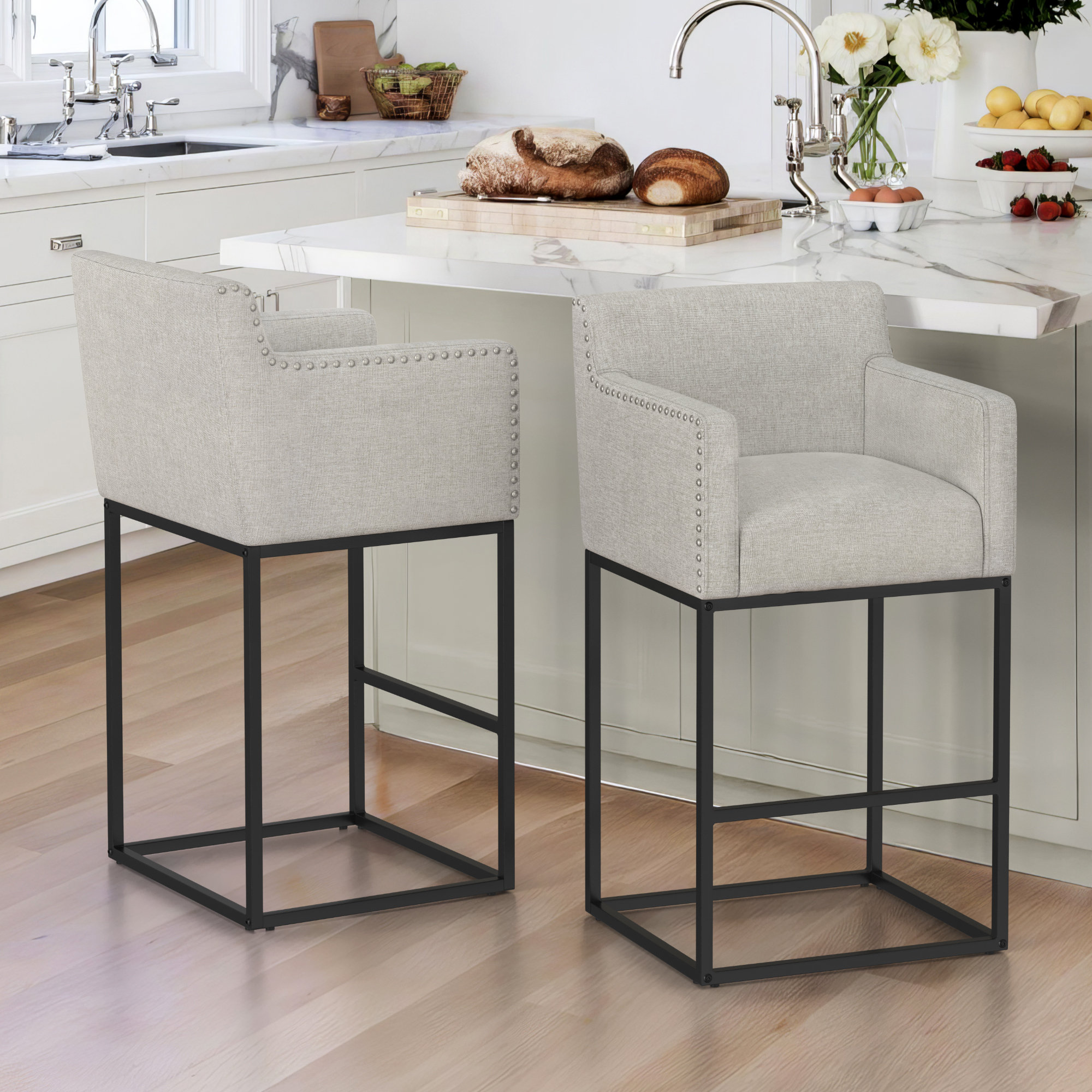 Red Barrel Studio Indoor/Outdoor Linen Bar Stools Set Of 2, Metal Legs ...