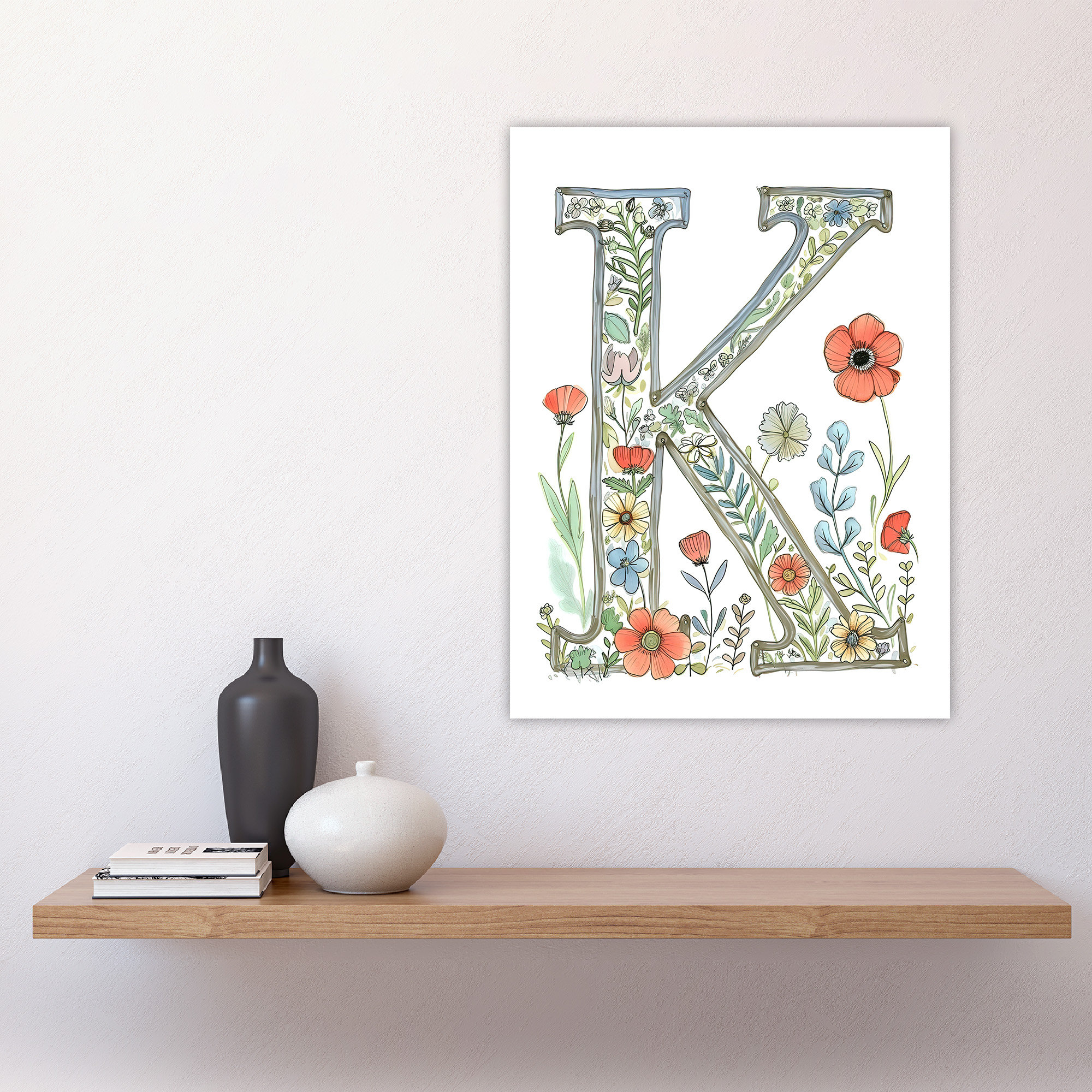 ClassicLiving Wall Art Print Letter K Watercolour Wildflowers Delicate ...