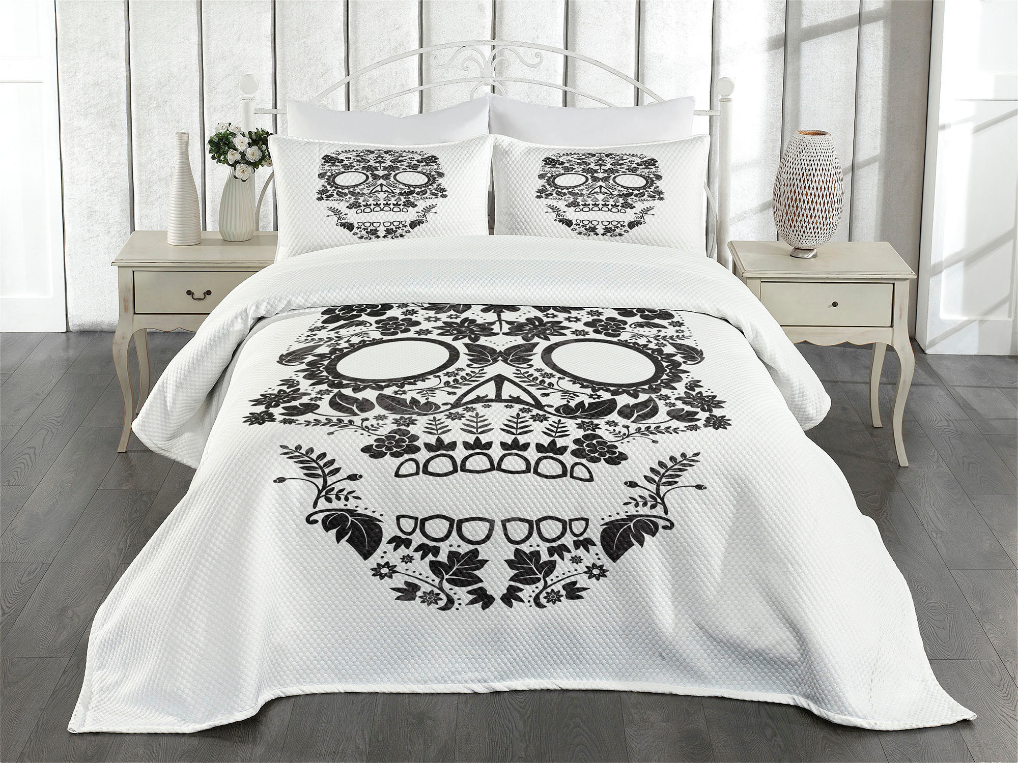 Ambesonne Sugar Skull Bedspread Set Latin Tradition Art White and Black ...