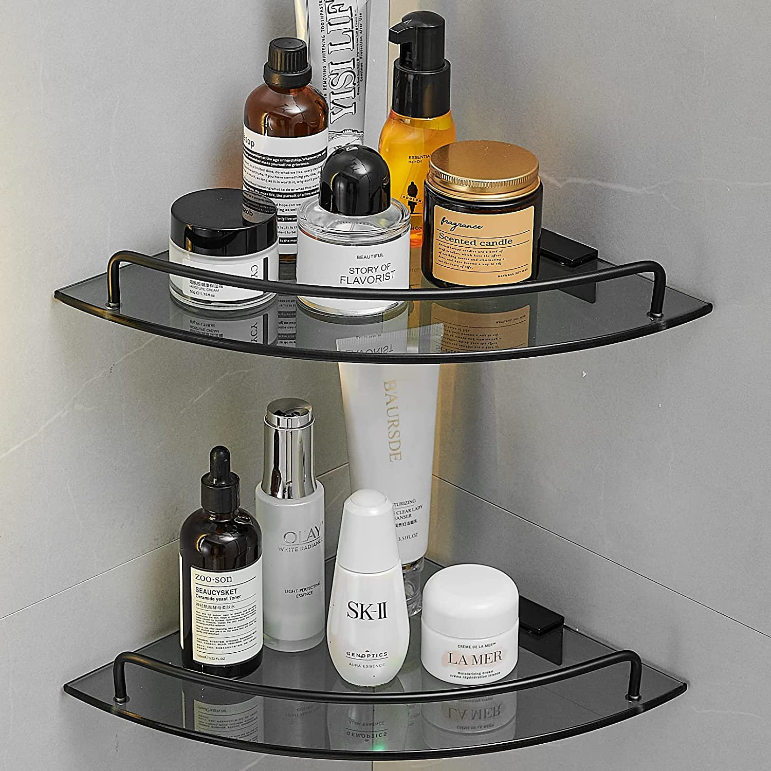 17 Stories Tempered Glass Shelf with Rail Bathroom Corner Organizer ...