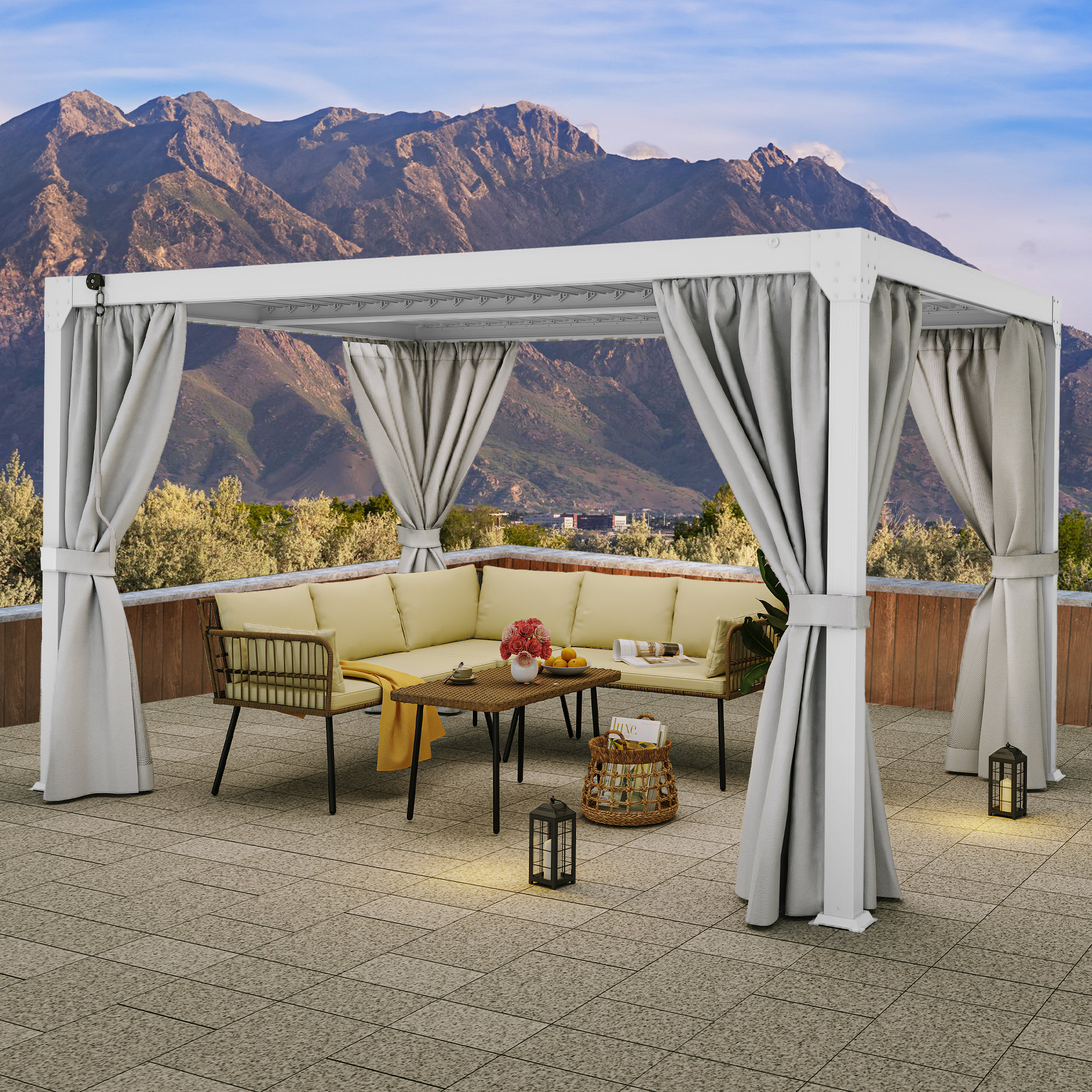 Balconera 13 Ft. W x 10 Ft. D Aluminum Pergola with Privacy Curtain and ...
