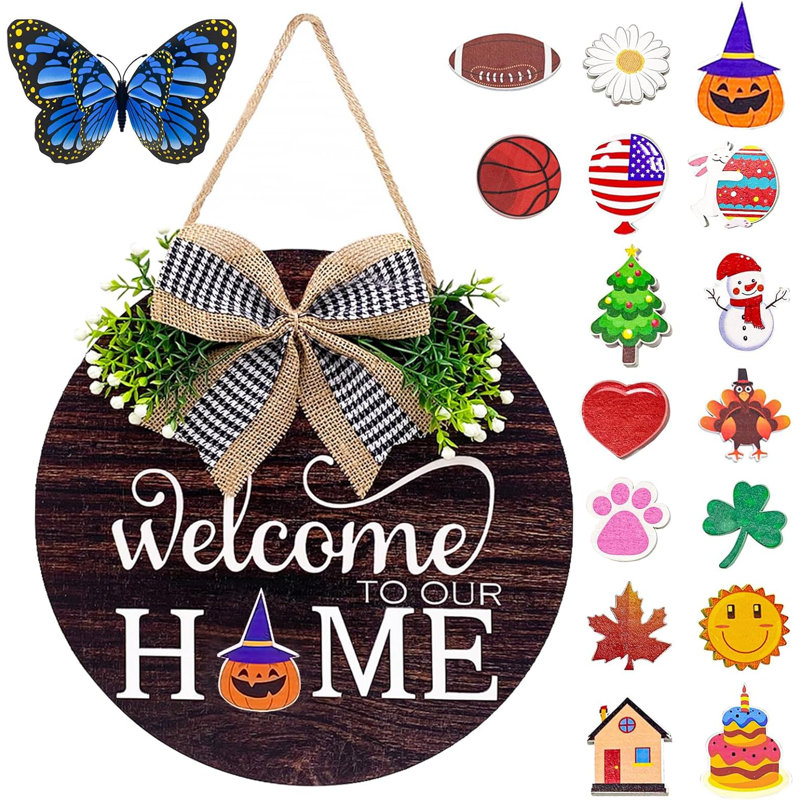 The Holiday Aisle® Interchangeable Welcome Sign Wreaths for Front Door ...