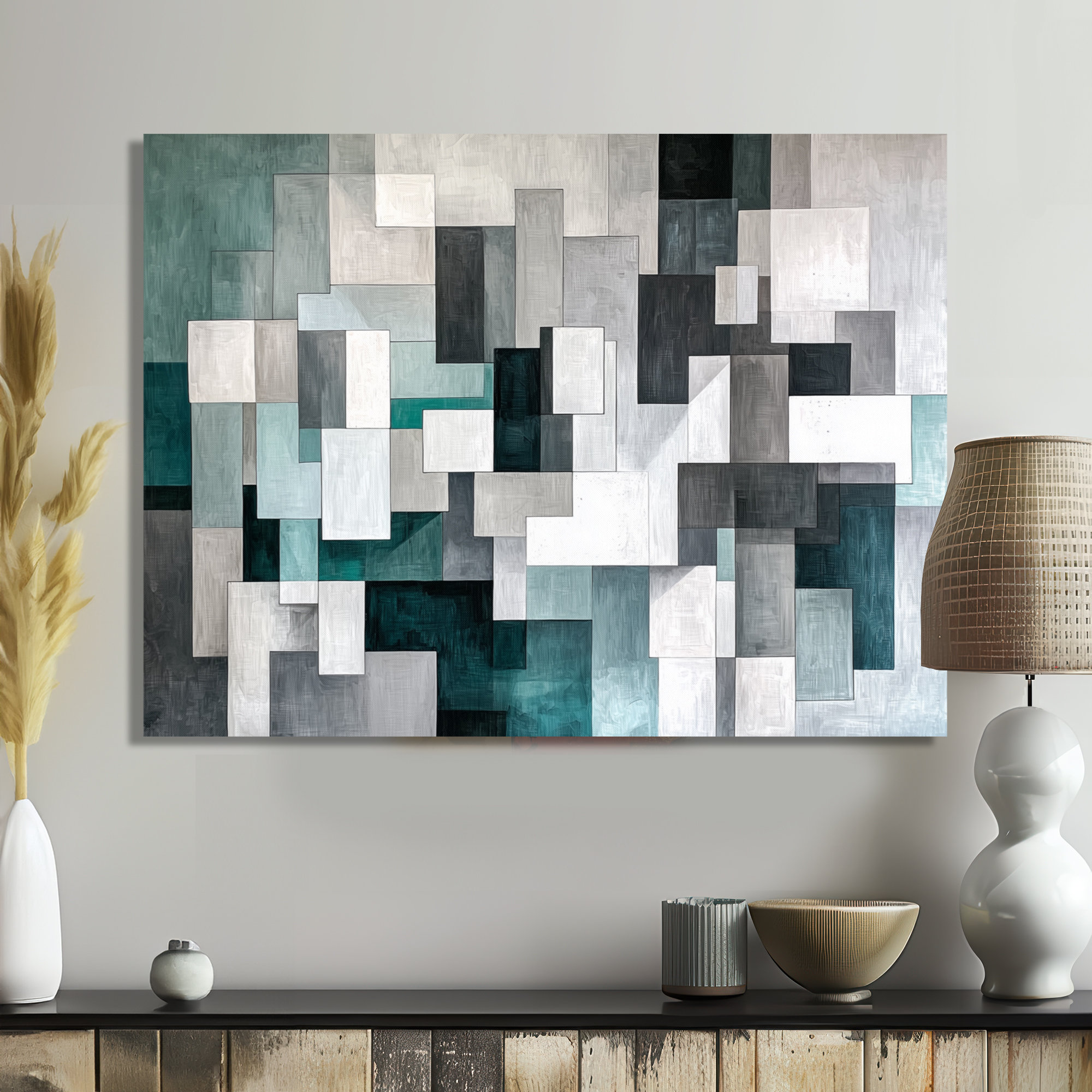 Latitude Run® Grey And Green Cubism Fragmented Mirror - Abstract Cubism ...
