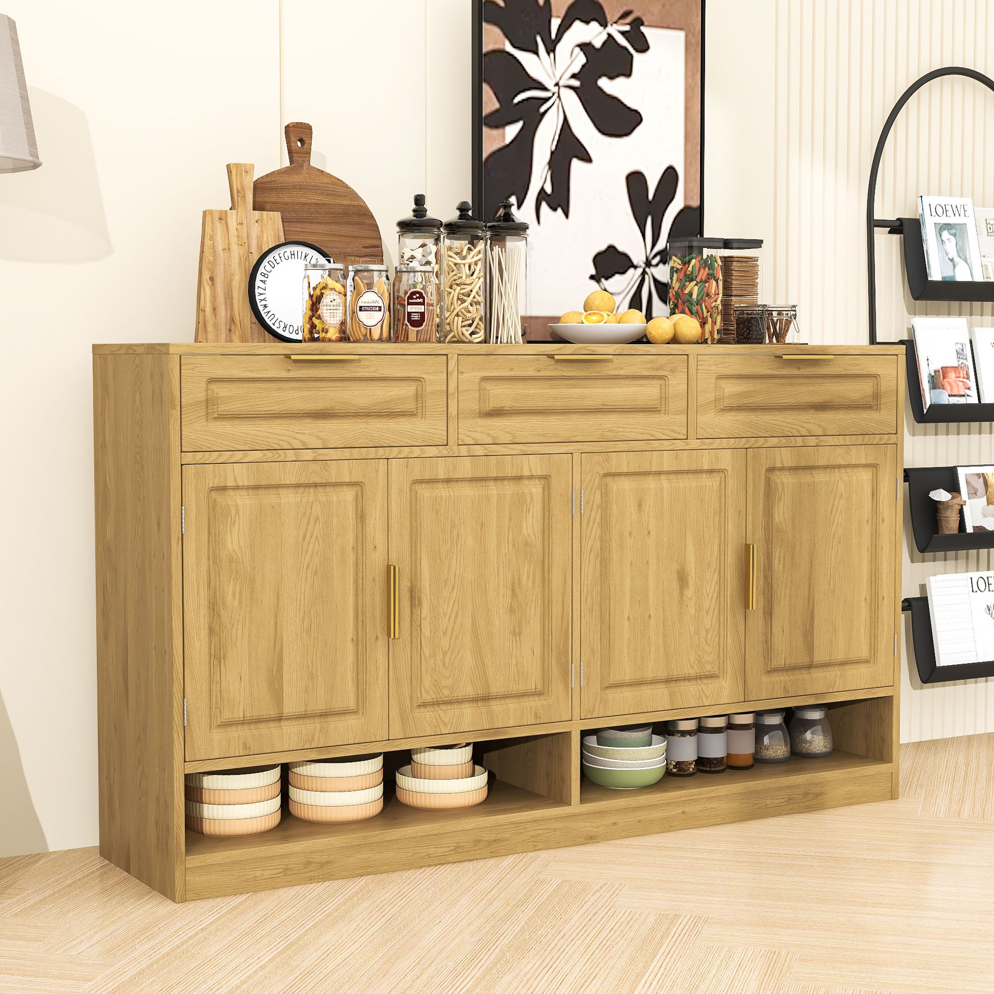 Mercer41 Farmhouse Sideboard Buffet with Adjustable Shelf, 3 Drawers, 4 ...