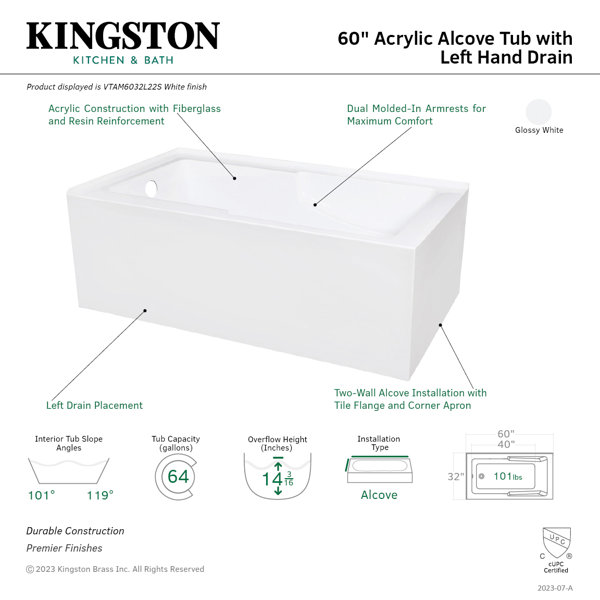 Kingston Brass Aqua Eden 60-Inch Acrylic Rectangular 2-Wall Corner ...