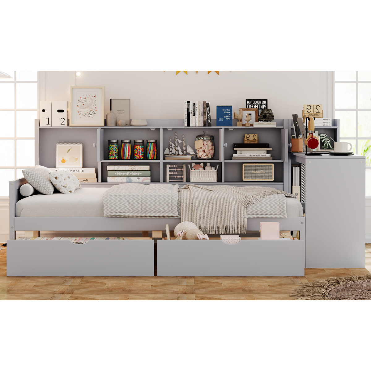 Ebern Designs Glyn L-Shaped Wooden Daybed with Desk, Bookshelf & 2 ...