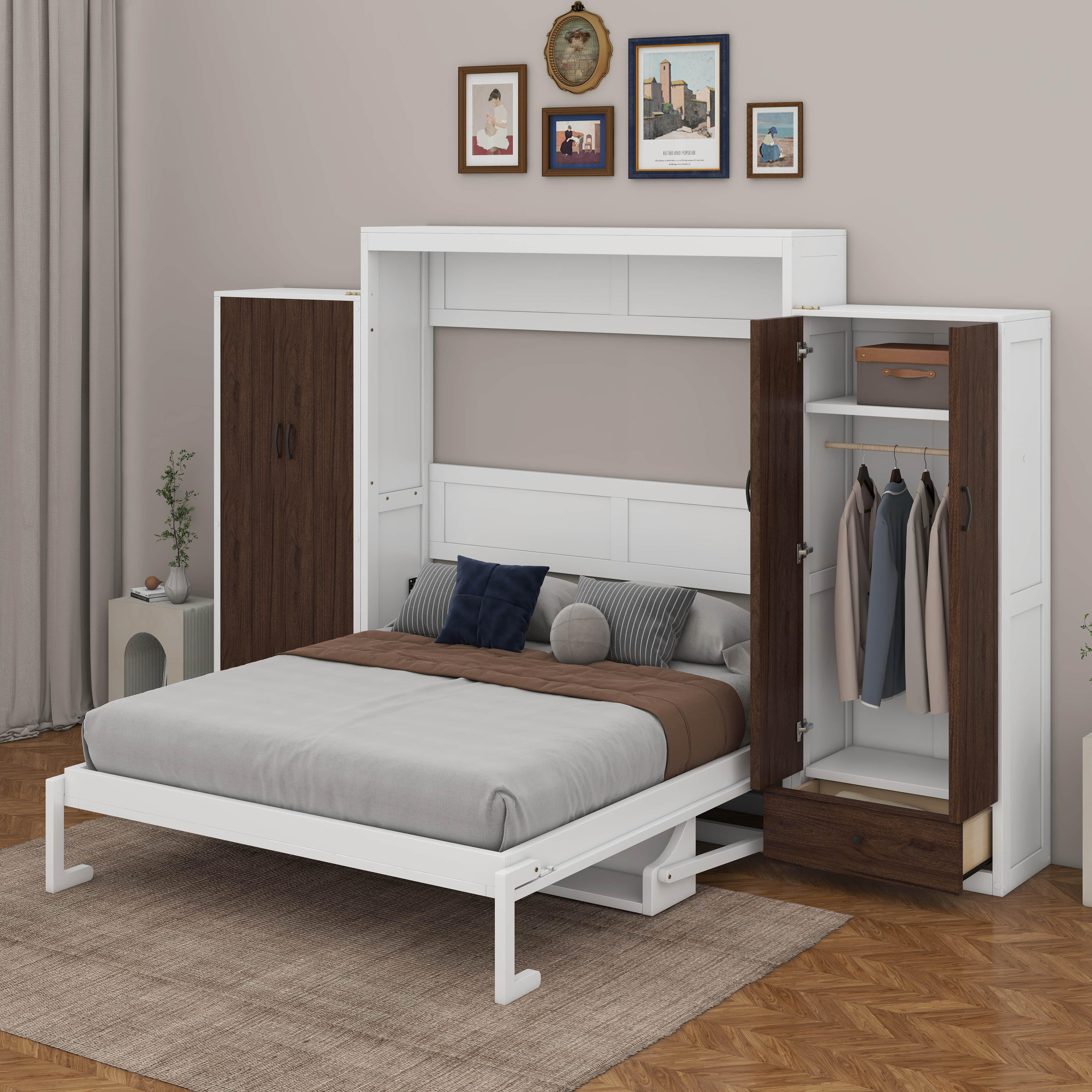 Red Barrel Studio® Full Size Murphy Bed Wall Bed With Closet ,Drawers ...