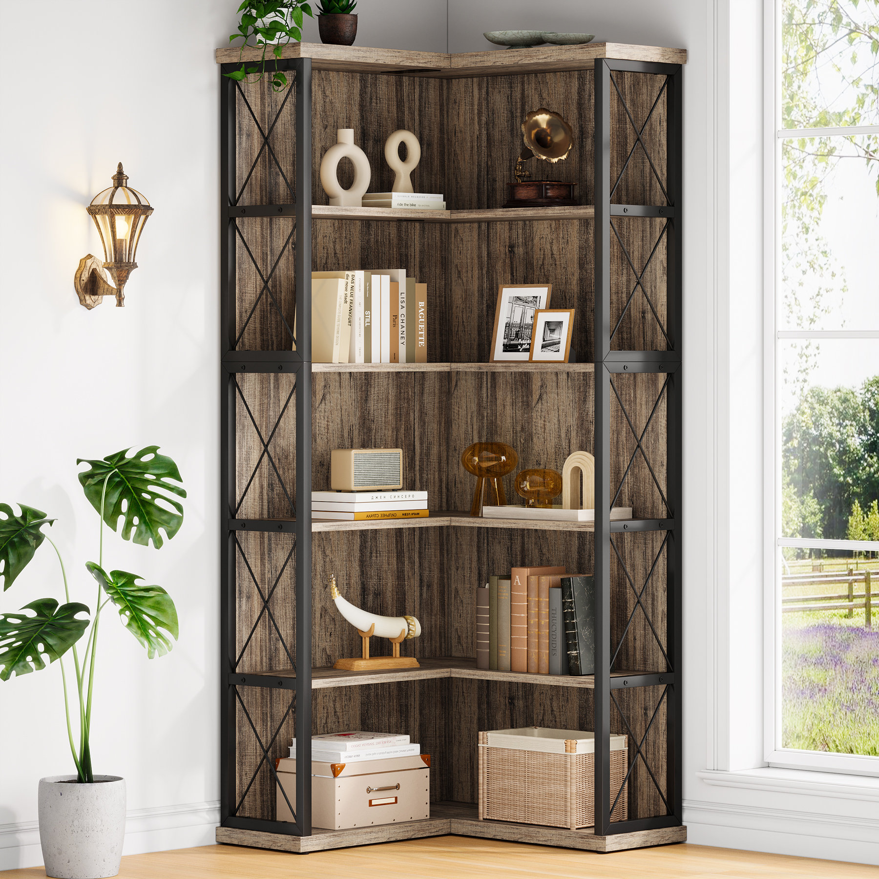 17 Stories 5 Tier Large L-Shaped Corner Bookcase, Corner Bookshelf with ...