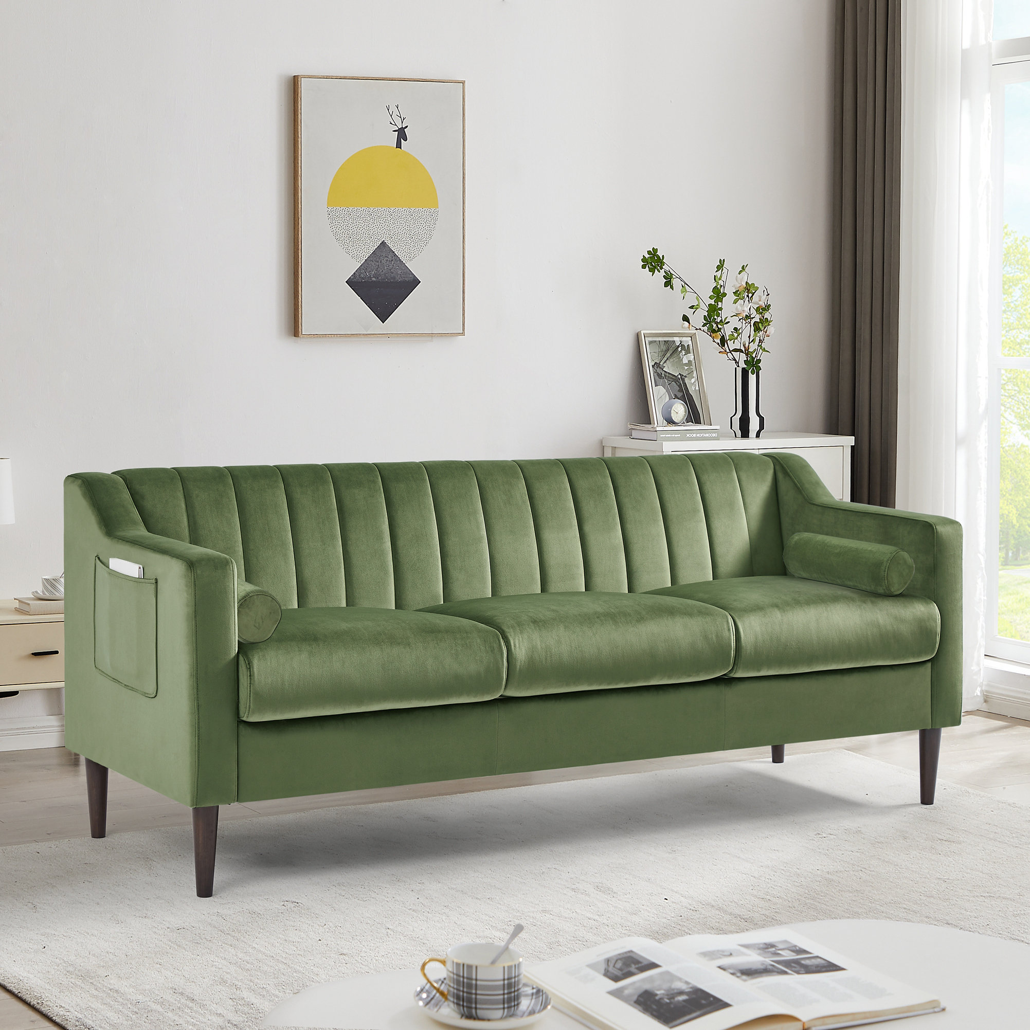 Ebern Designs 75.98'' Velvet Square Arm Chesterfield Sofa, Modern ...