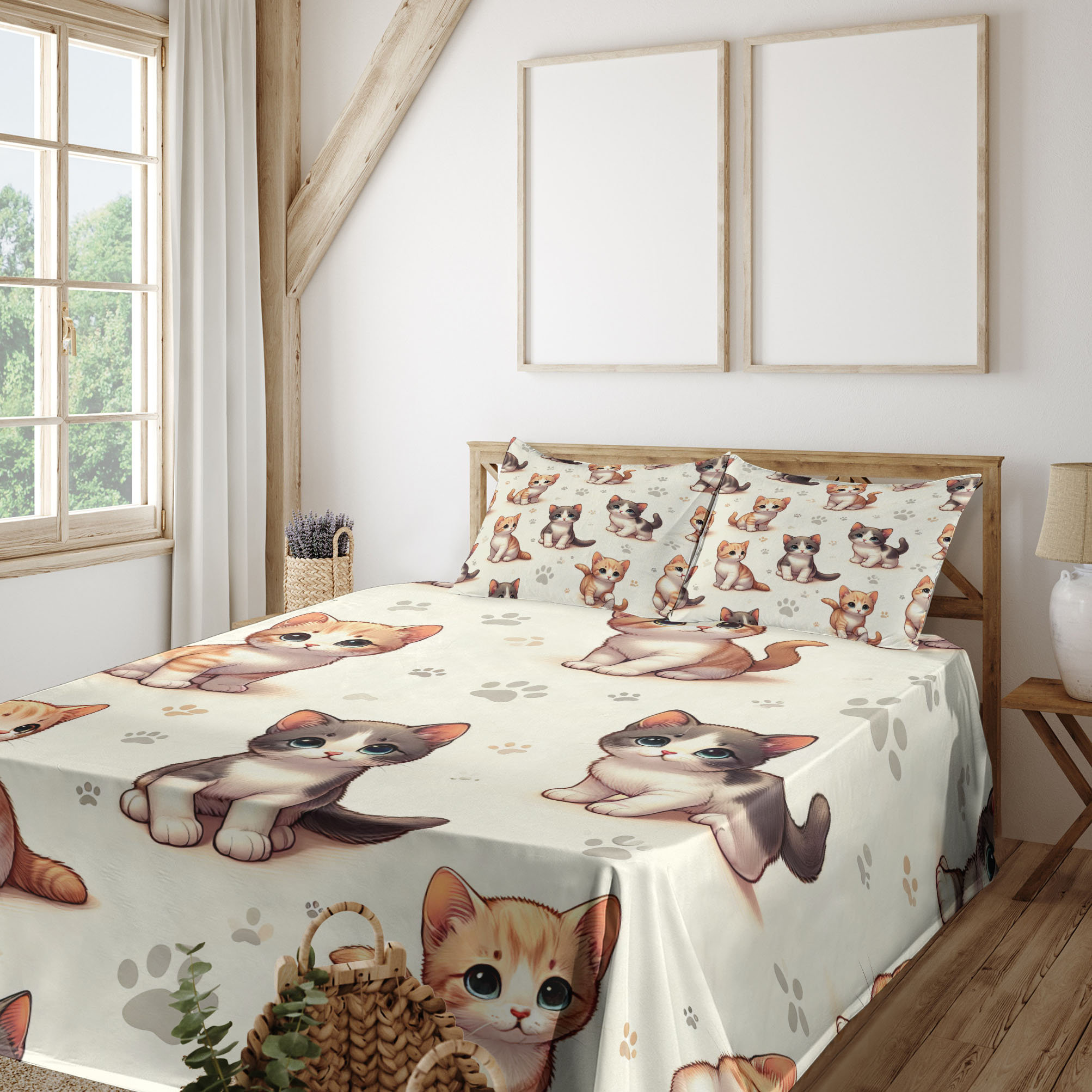 Ambesonne Cat Sheet Set Little Fun Kittens Cartoon Paws Ivory Apricot ...