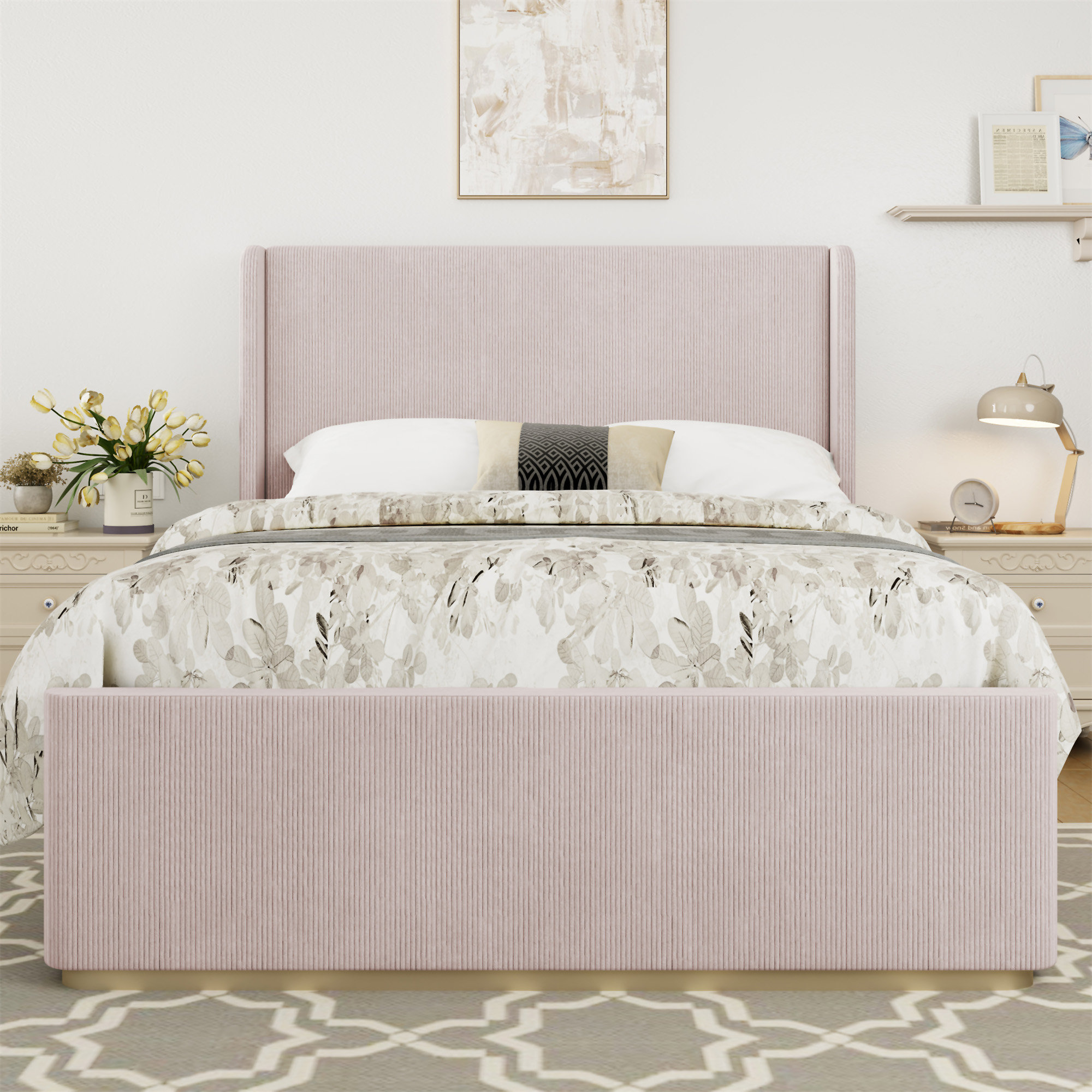 Mercer41 Corduroy Upholstered Bed Frame With Vertical Stripe Wingback ...