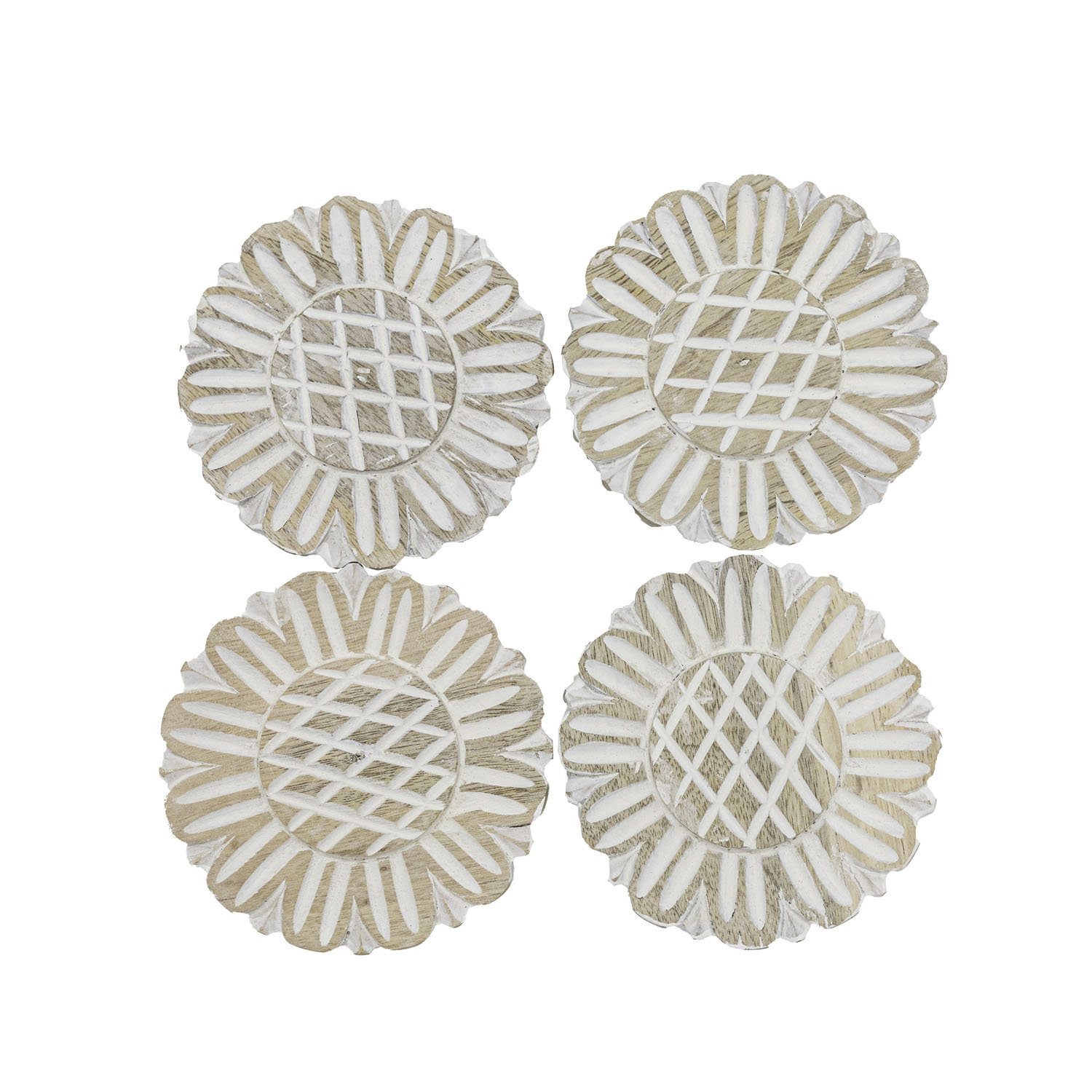 Ophelia & Co. Set of 4 Floral Carved Coasters White Mango Wood & Jute ...