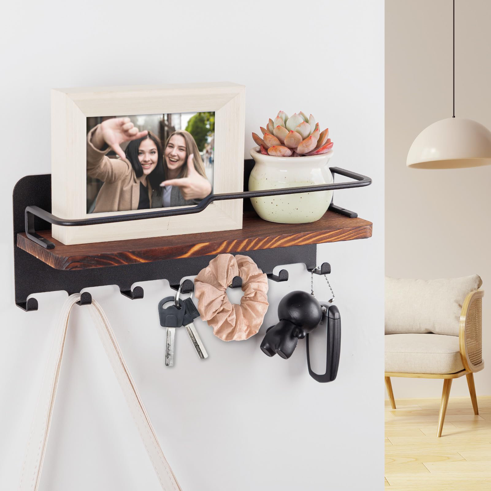 17 Stories Key Mail Organizer With Wooden Shelf And 7 Hooks, Black ...