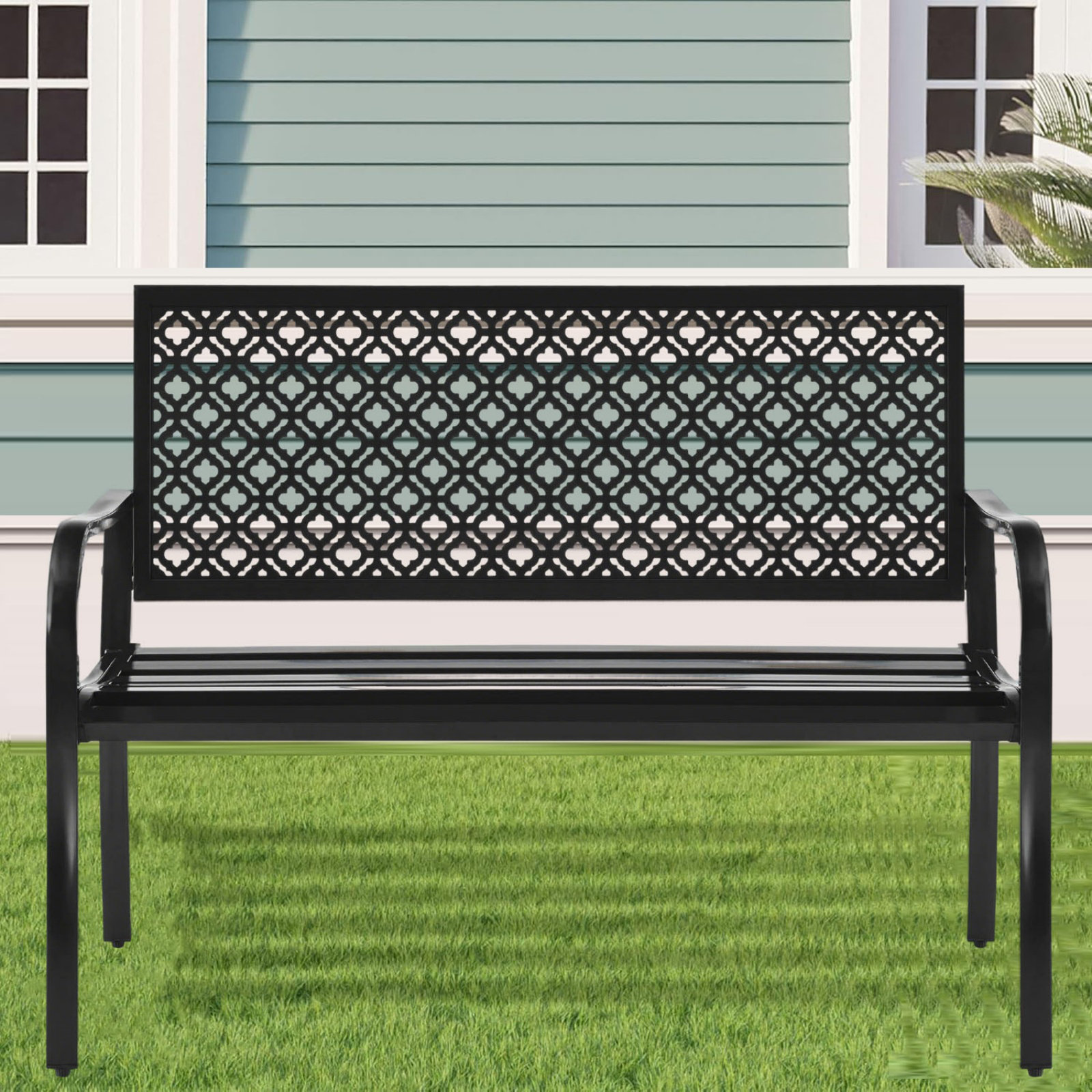 Hokku Designs Heavy-Duty Steel Outdoor Bench With Geometric Backrest ...