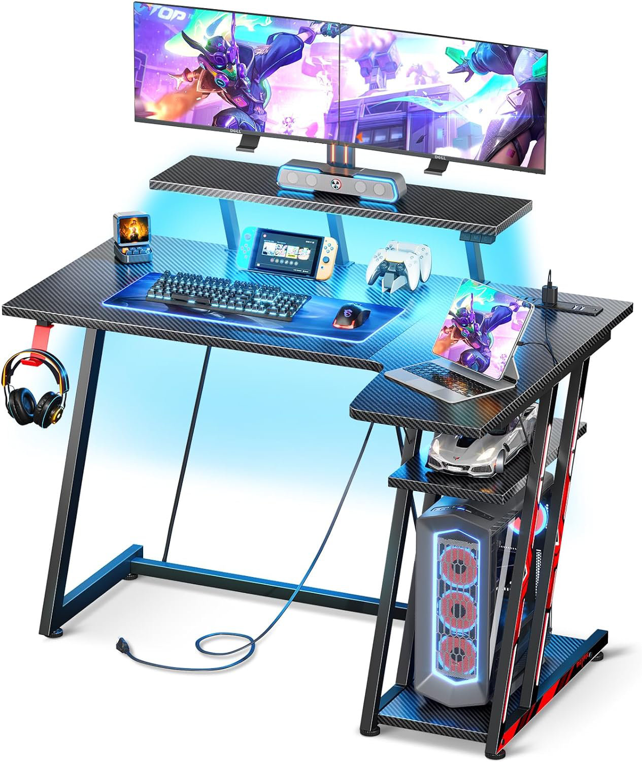 Ivy Bronx Small Gaming Desk with LED Lights & Power Outlets, 39 Inch L ...